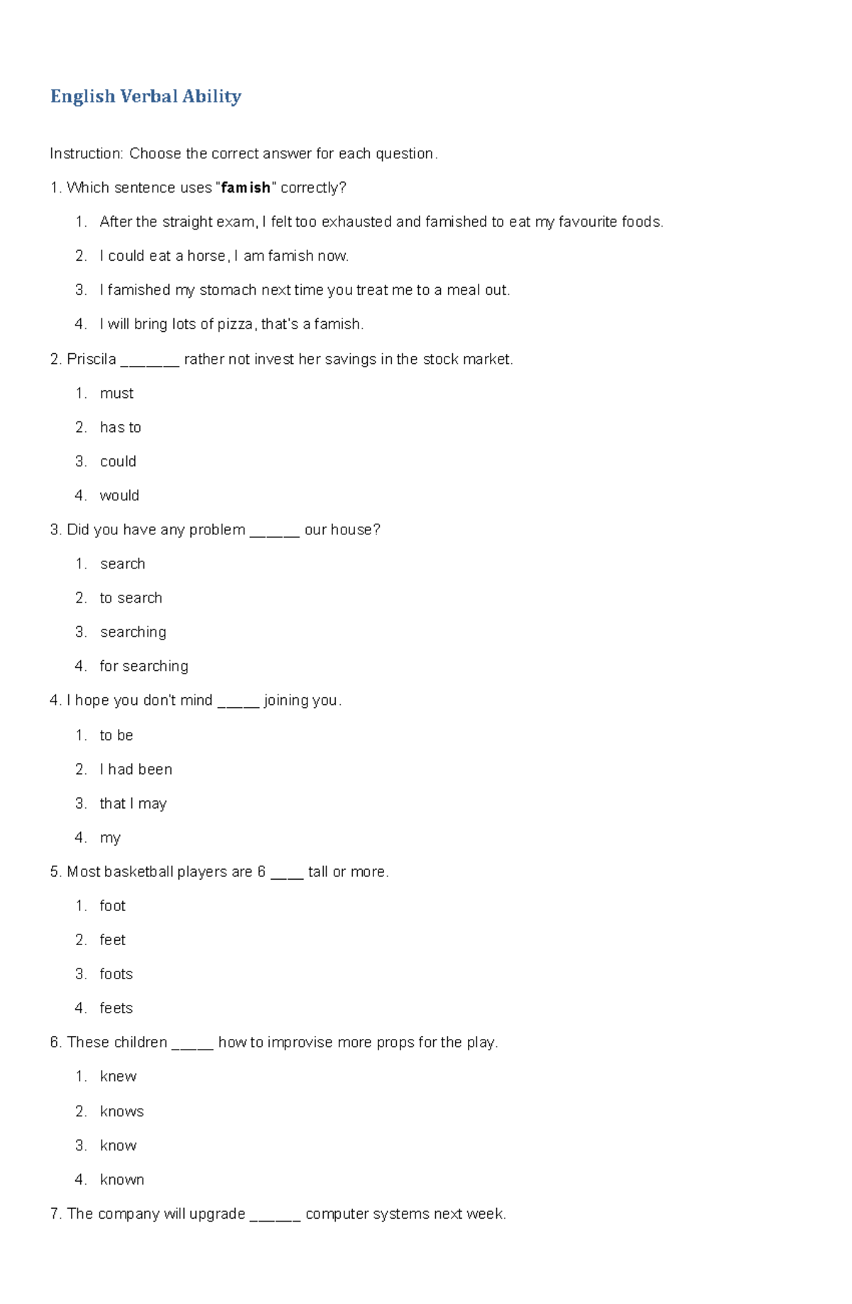 English Verbal Ability - English Verbal Ability Instruction: Choose the ...