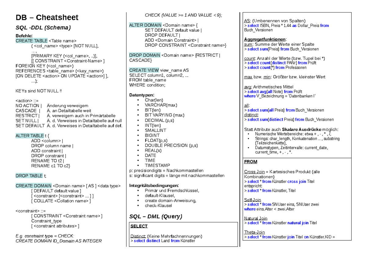 DB Cheatsheet - Zusammenfassung zum Nachschauen für Übungen und Klausur - DB – Cheatsheet SQL ...