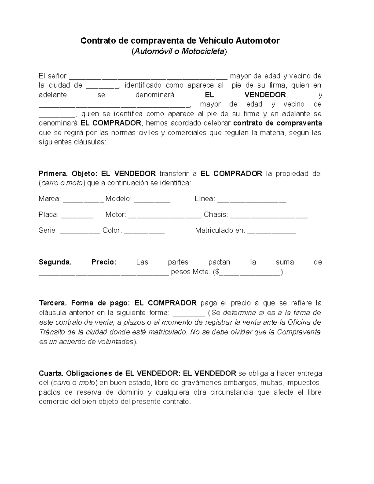Contrato compraventa de carro y moto - Contrato de compraventa de ...