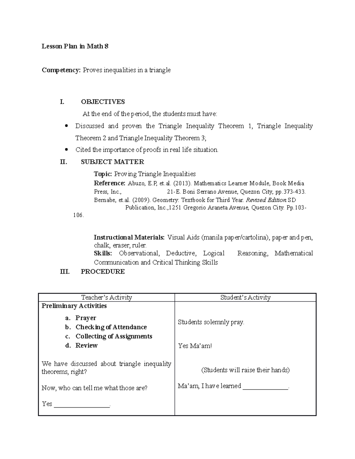 Lesson Plan in Proving Triangle Inequalities - Lesson Plan in Math 8 ...