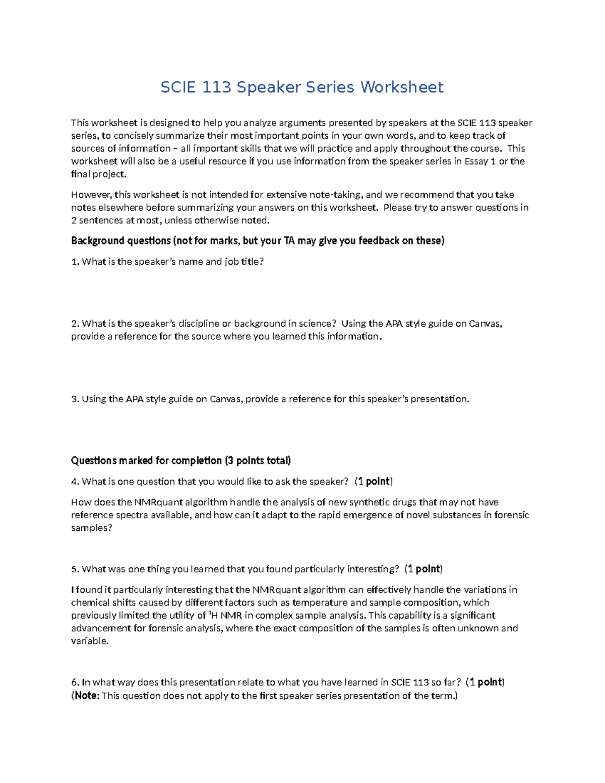 Worksheet Speaker Series - SCIE 113 Speaker Series Worksheet This ...