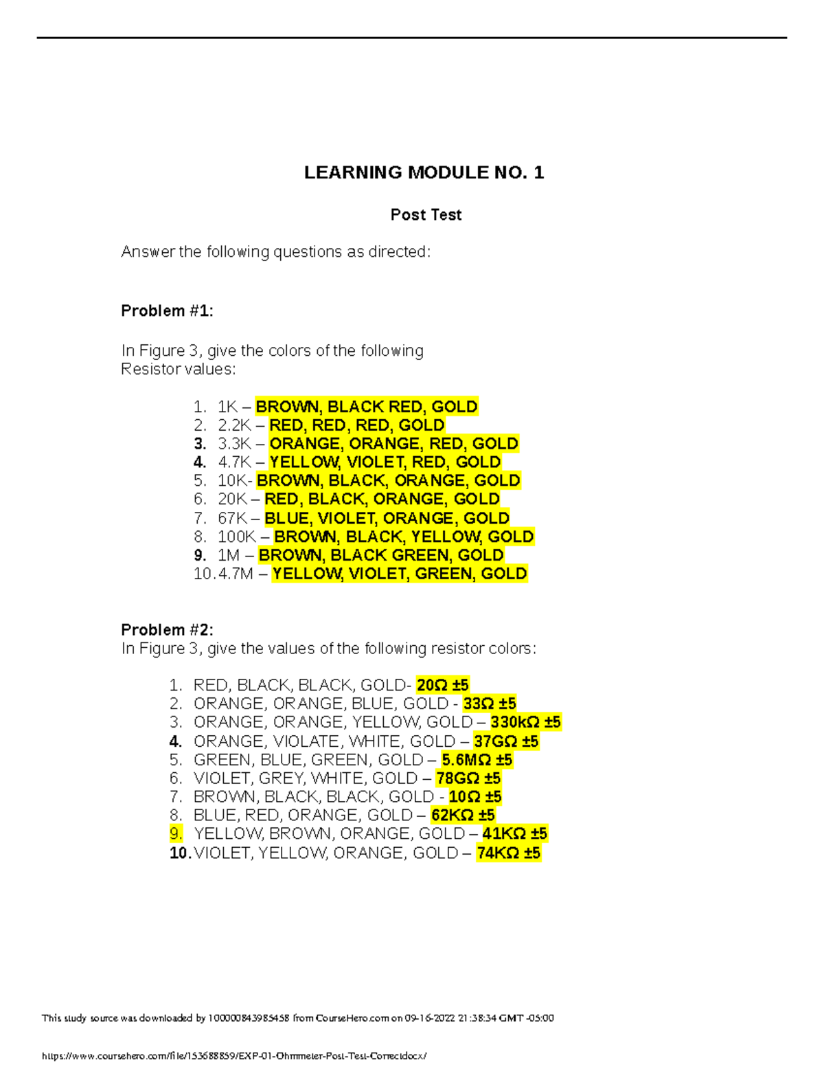 EXP 01 Ohmmeter Post Test Correct - LEARNING MODULE NO. 1 Post Test ...