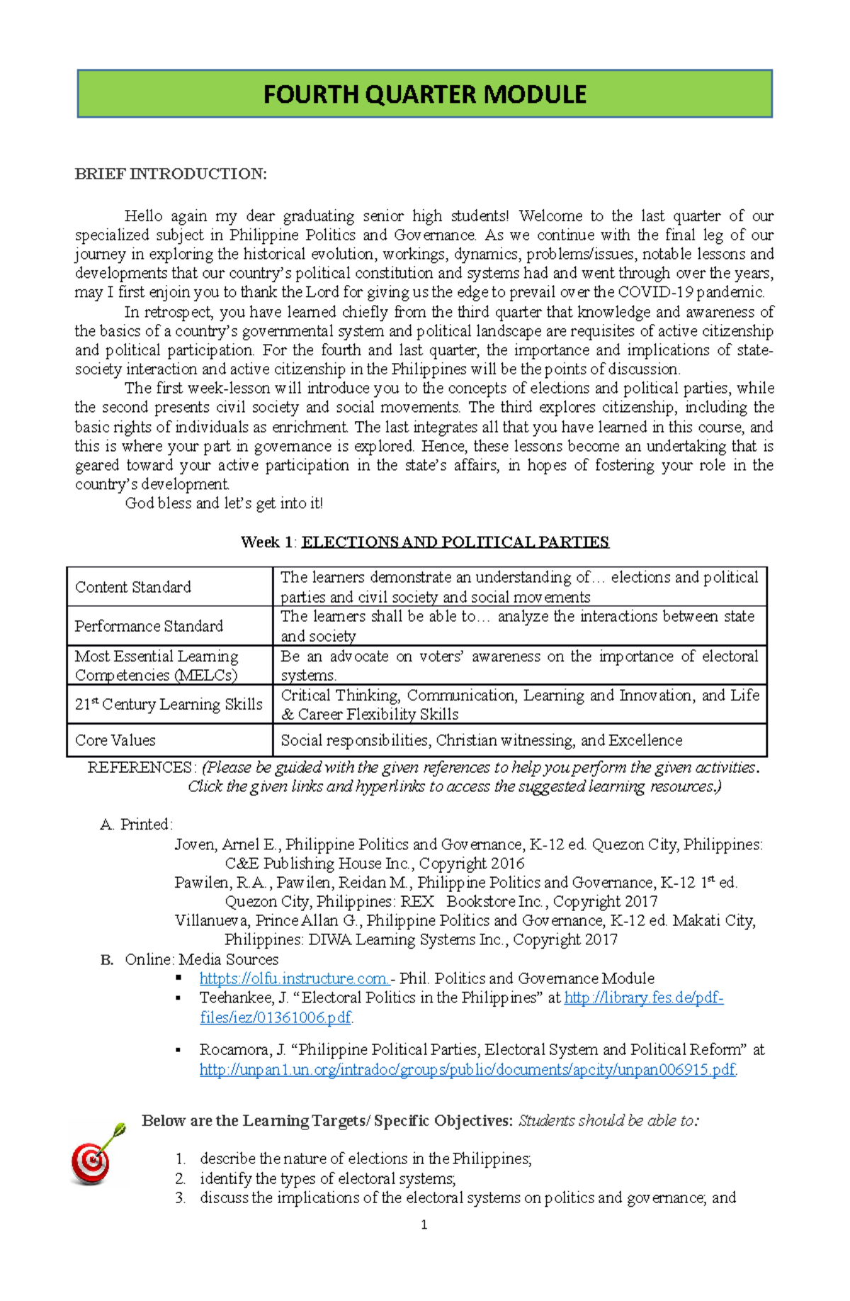 Polgov 4thqtr ELmodule 2022 - BRIEF INTRODUCTION: Hello again my dear ...
