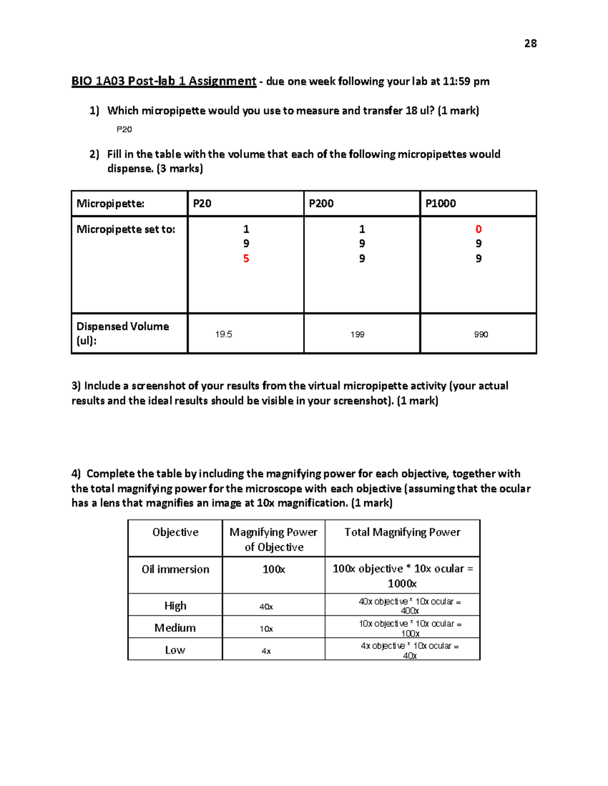 Lab1 Assignment Qs - nice course - 28 BIO 1A03 Post-lab 1 Assignment - due one week following ...
