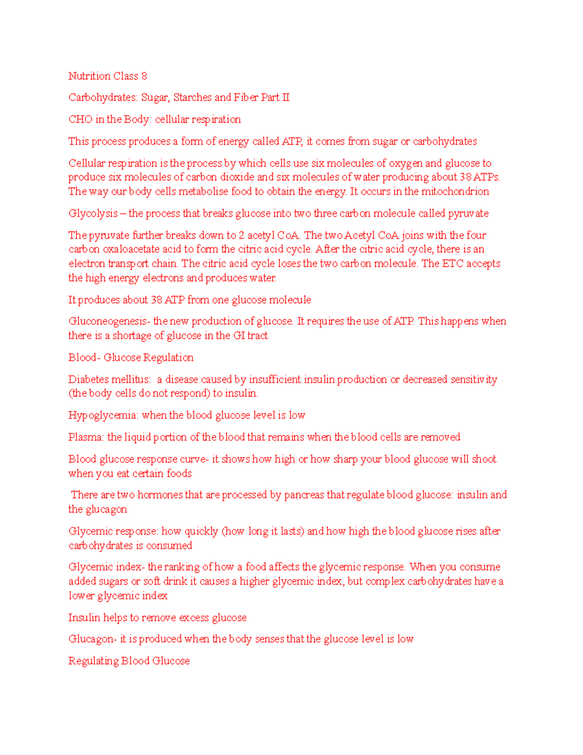 Nutrition Class 8 - Lecture notes - Nutrition Class 8 Carbohydrates ...