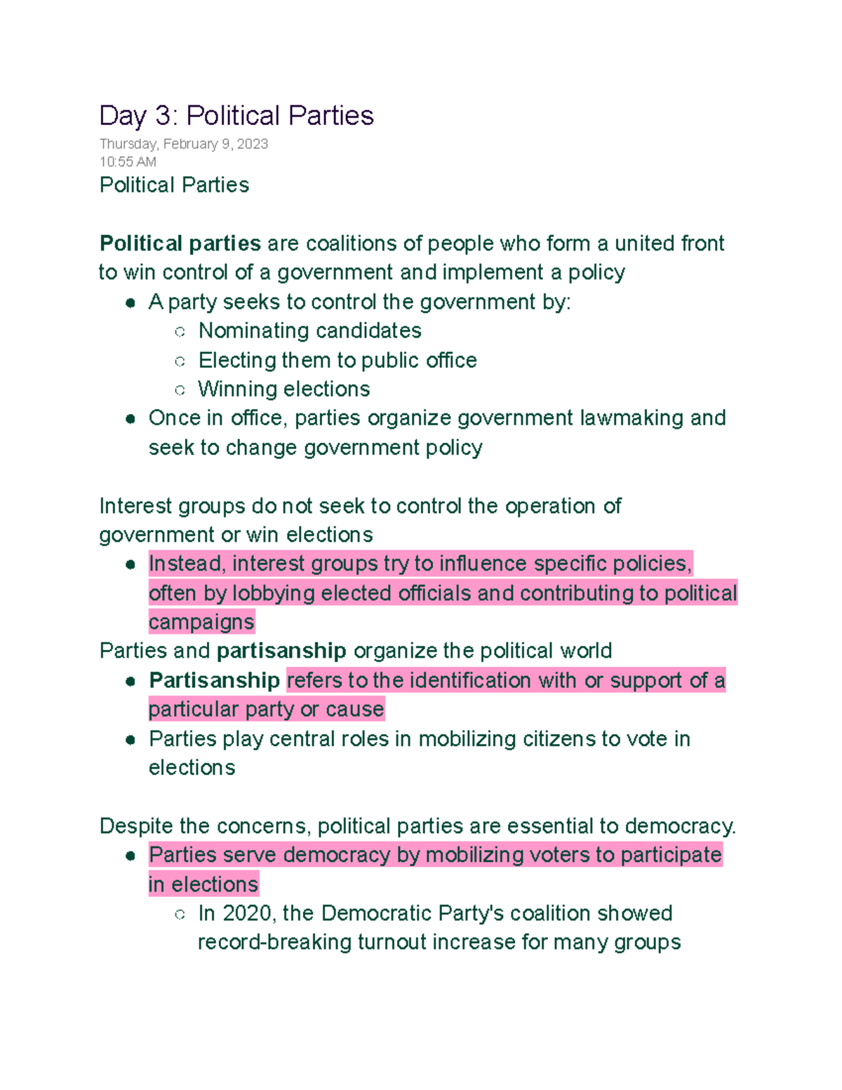 Day 3 Political Parties - Day 3: Political Parties Thursday, February 9 ...