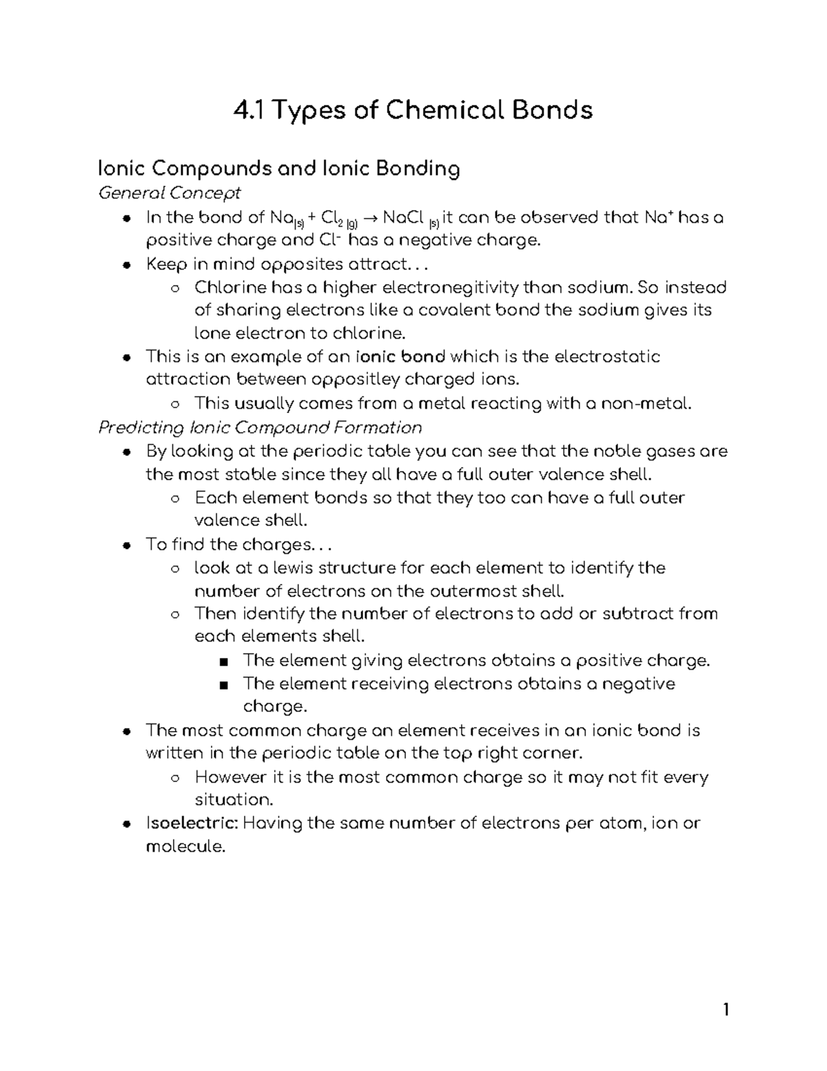 Day 1 Handout Types of Chemical Bonds - 4 Types of Chemical Bonds Ionic ...