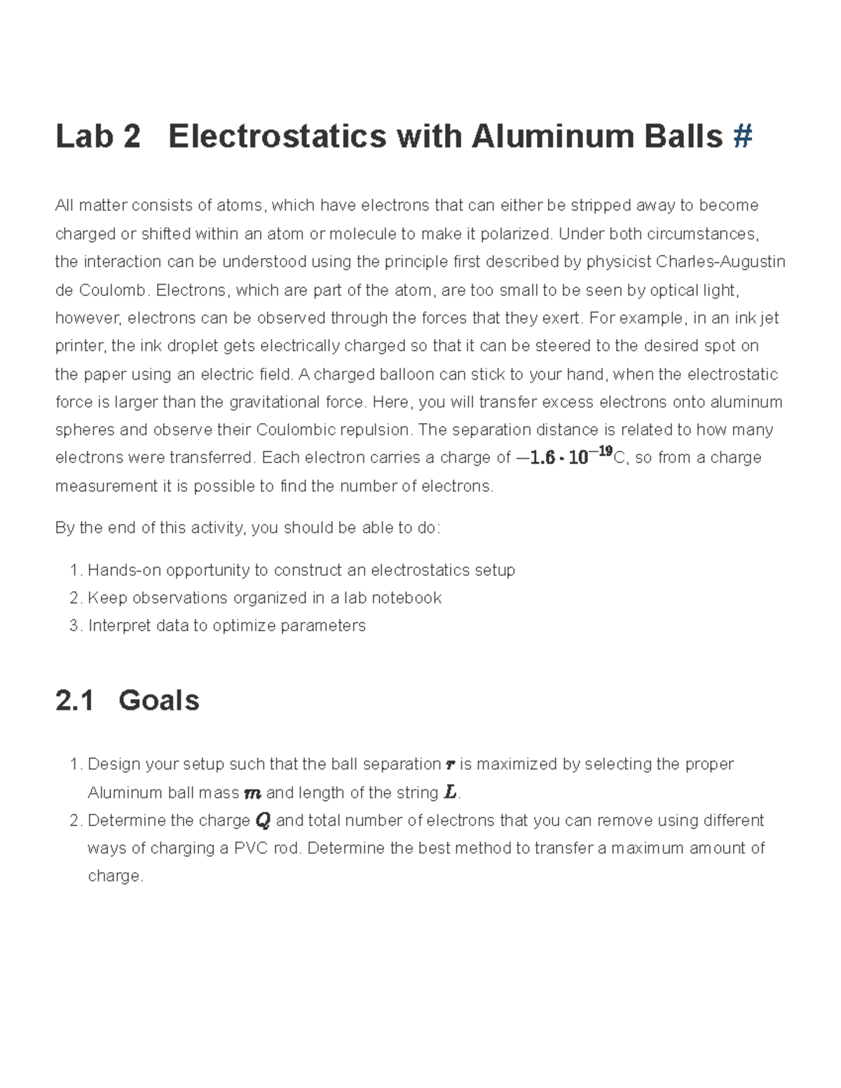 Lab 2 Electrostatics with Aluminum Balls PHYS 152 Laboratory Manual ...