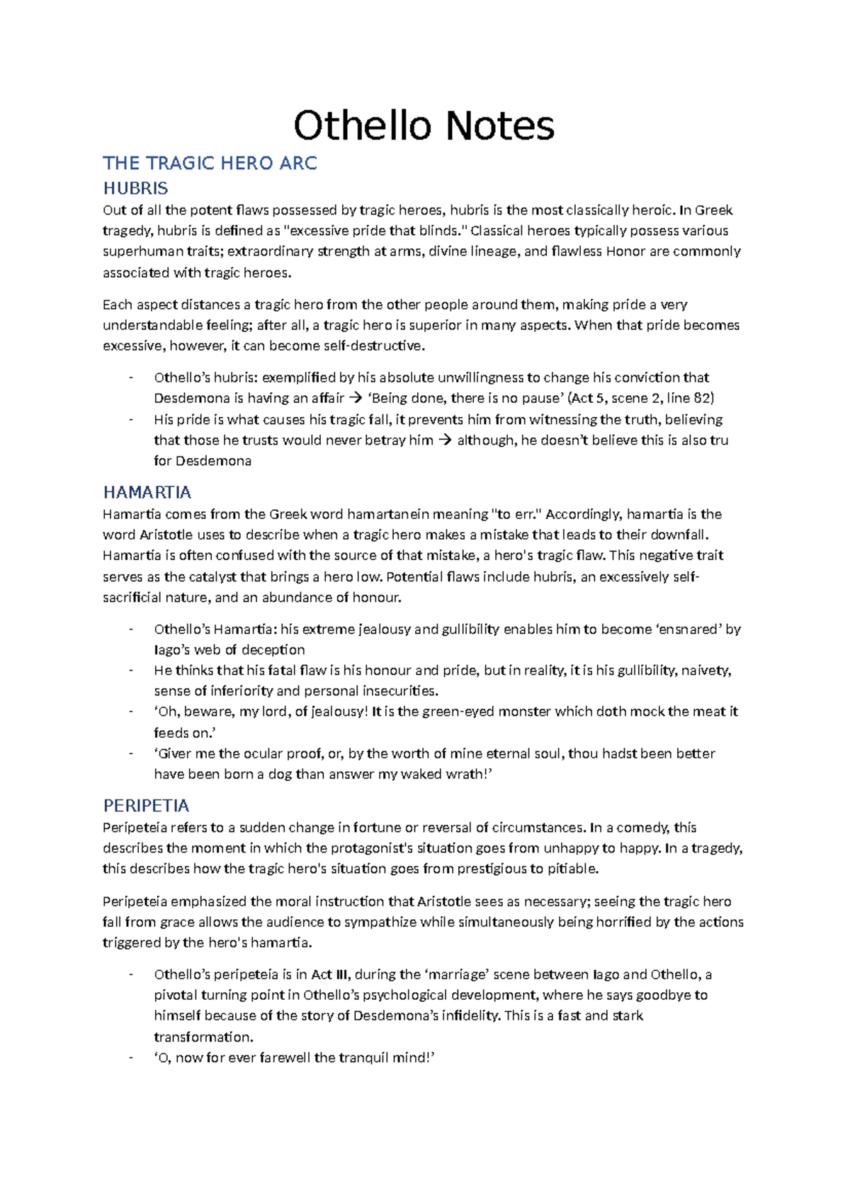 Othello notes - Othello Notes THE TRAGIC HERO ARC HUBRIS Out of all the ...
