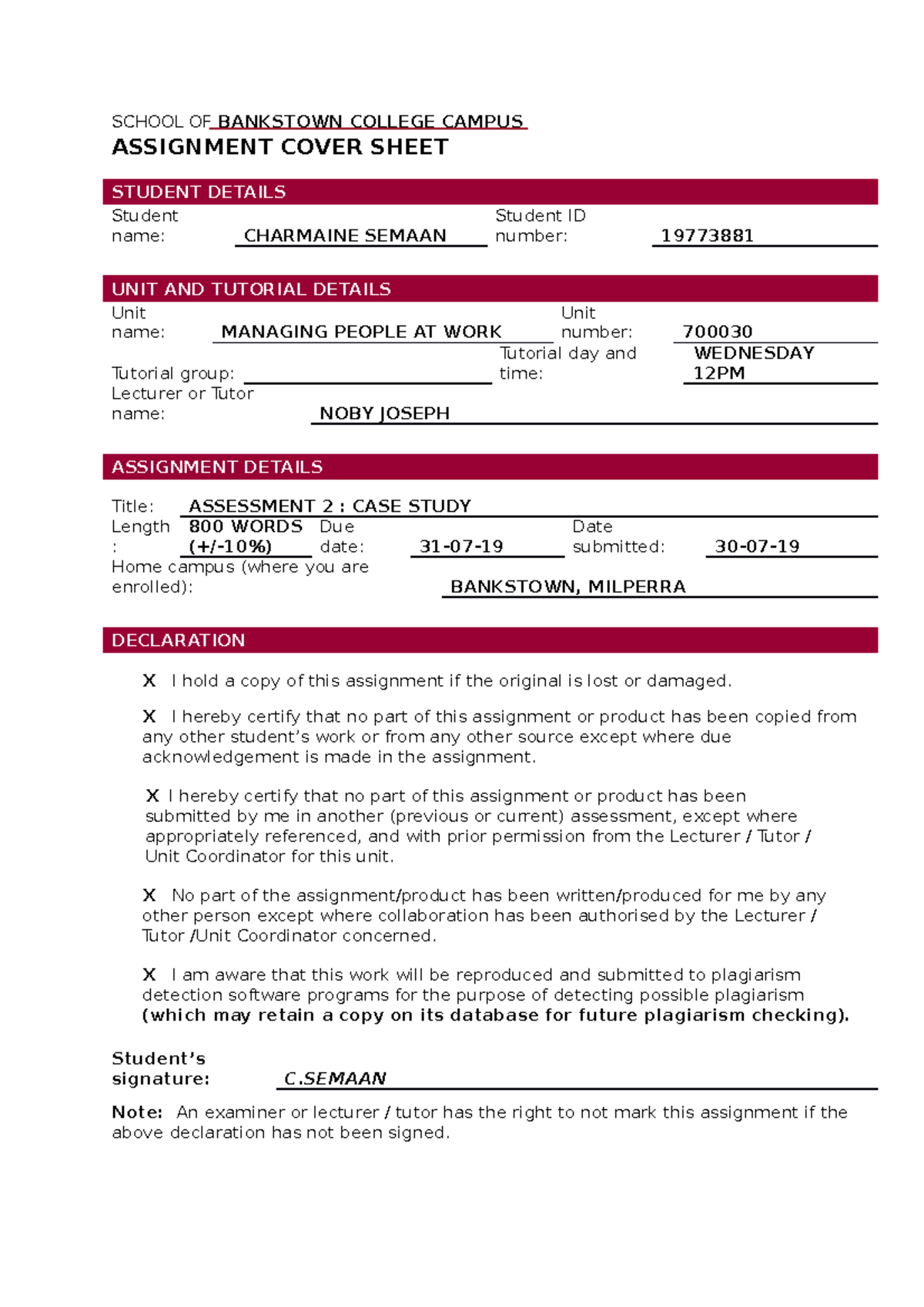 Managing People at Work Assessment 2 - SCHOOL OF BANKSTOWN COLLEGE ...