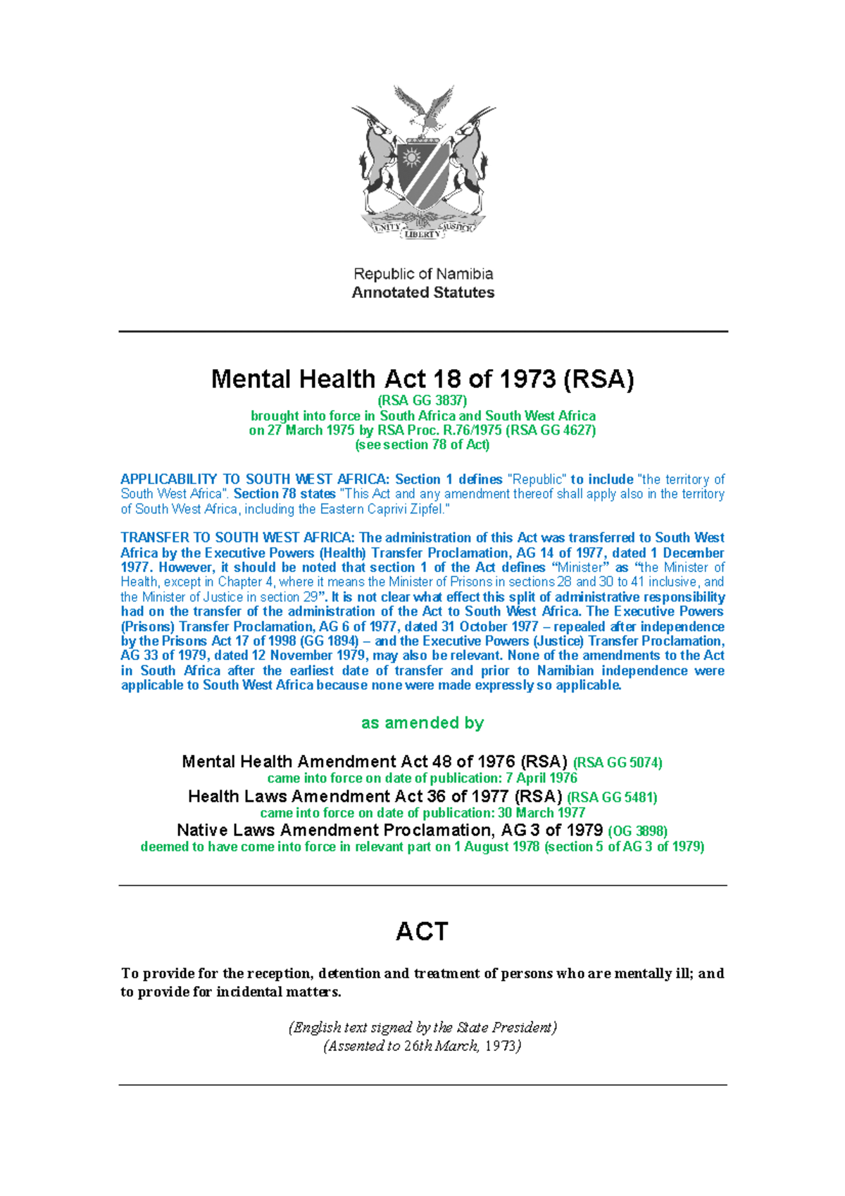 Mental Health Act 18 of 1973 - Mental Health Act 18 of 1973 (RSA) (RSA ...