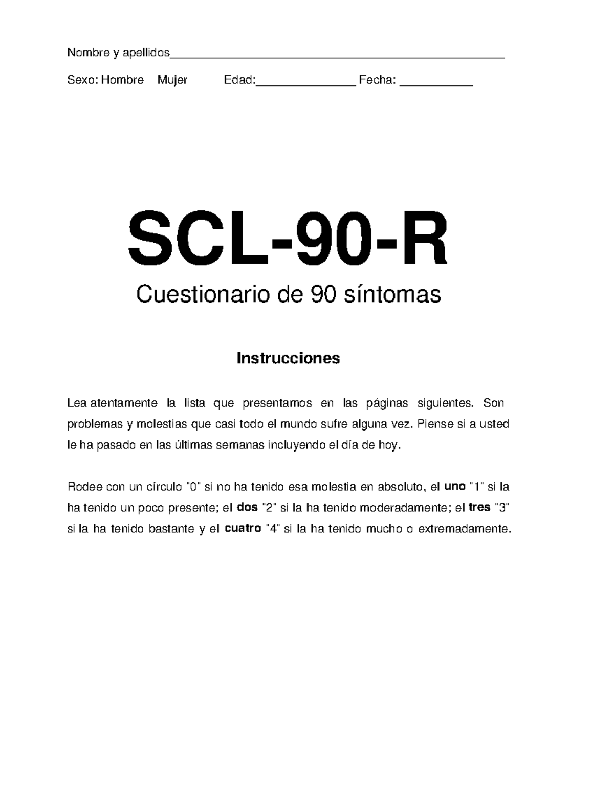 Cuestionario scl 90 R - PRUEBA - Nombre y - Studocu