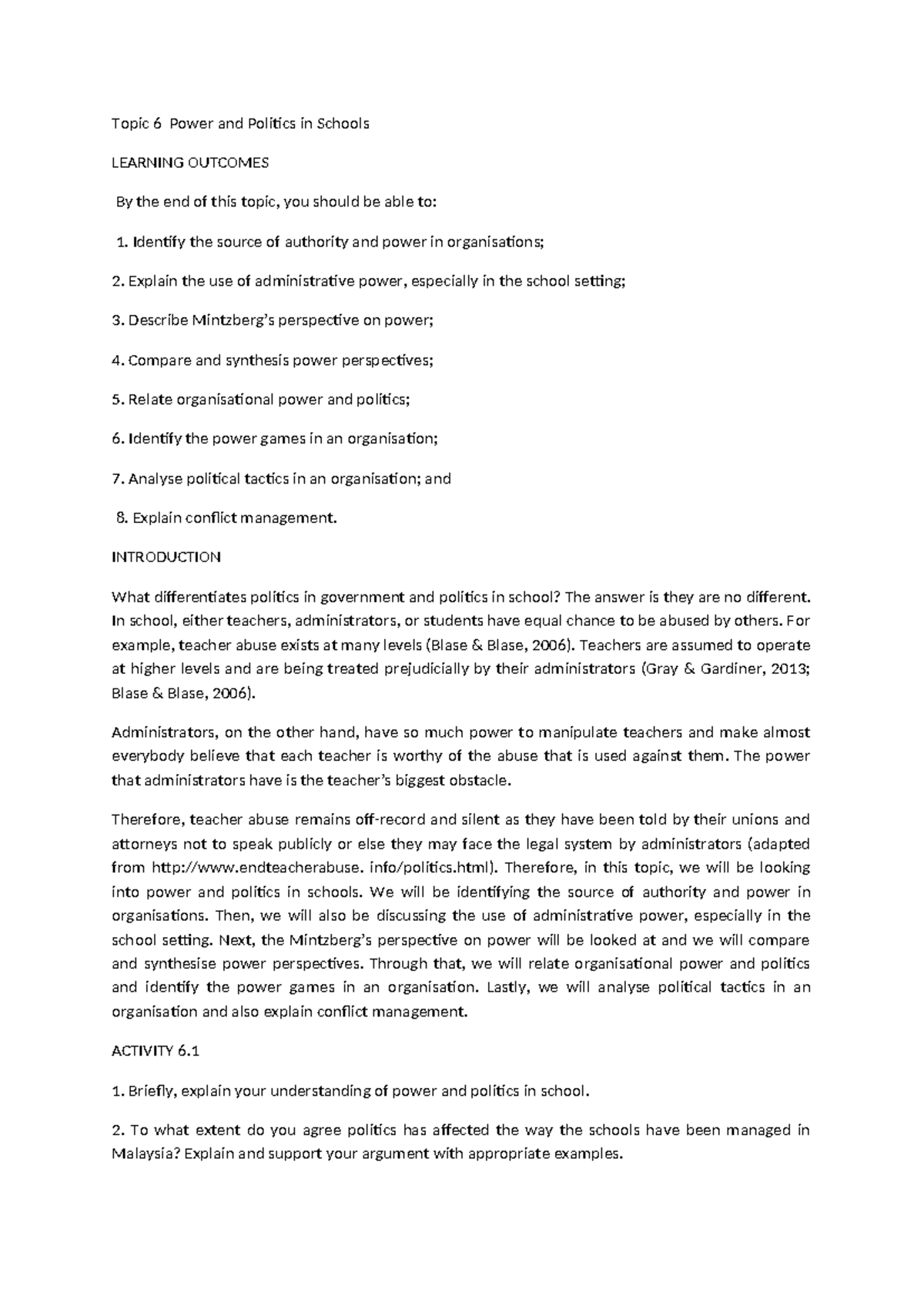 329929607 Topic 6 Power and Politics in Schools - Topic 6 Power and ...
