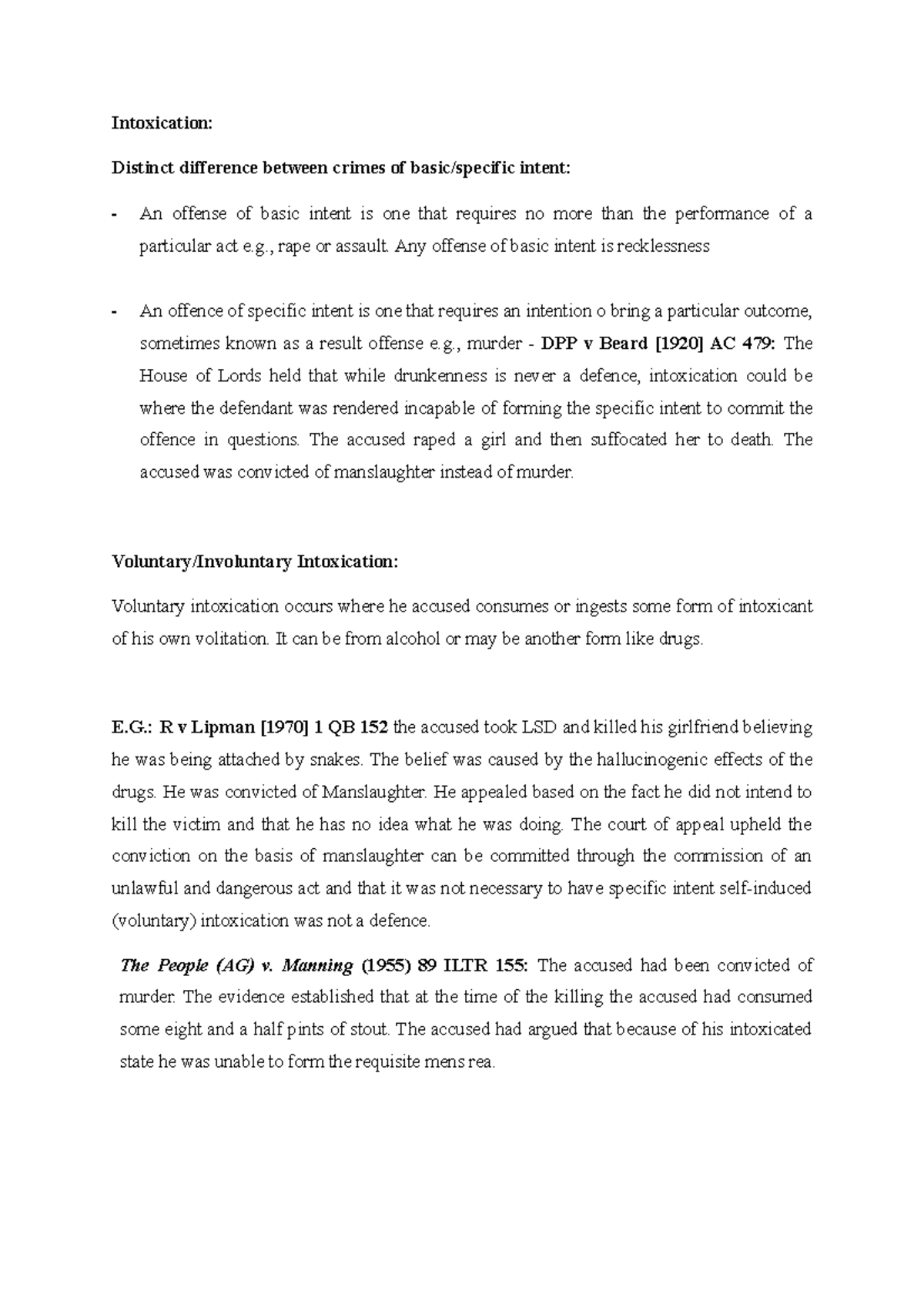 Intoxication notes - Intoxication: Distinct difference between crimes ...