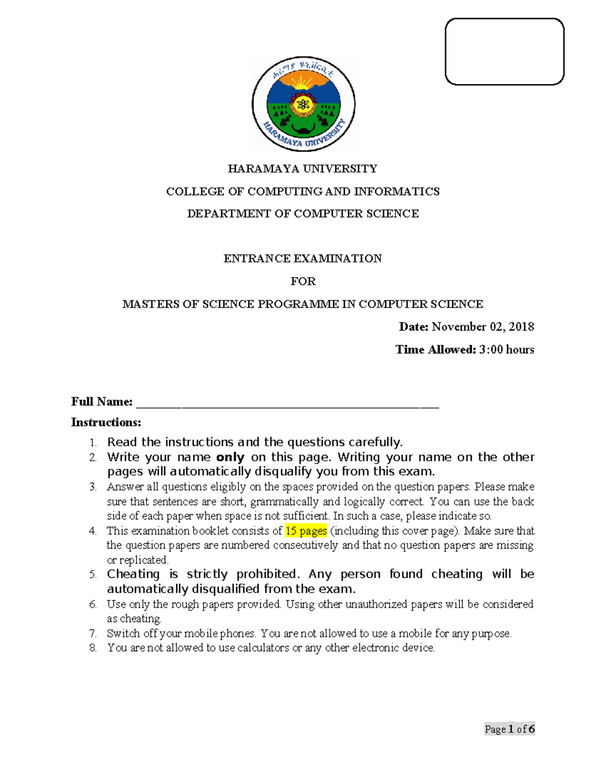 2018 HU MSC in CS Entrances Exam - HARAMAYA UNIVERSITY COLLEGE OF ...