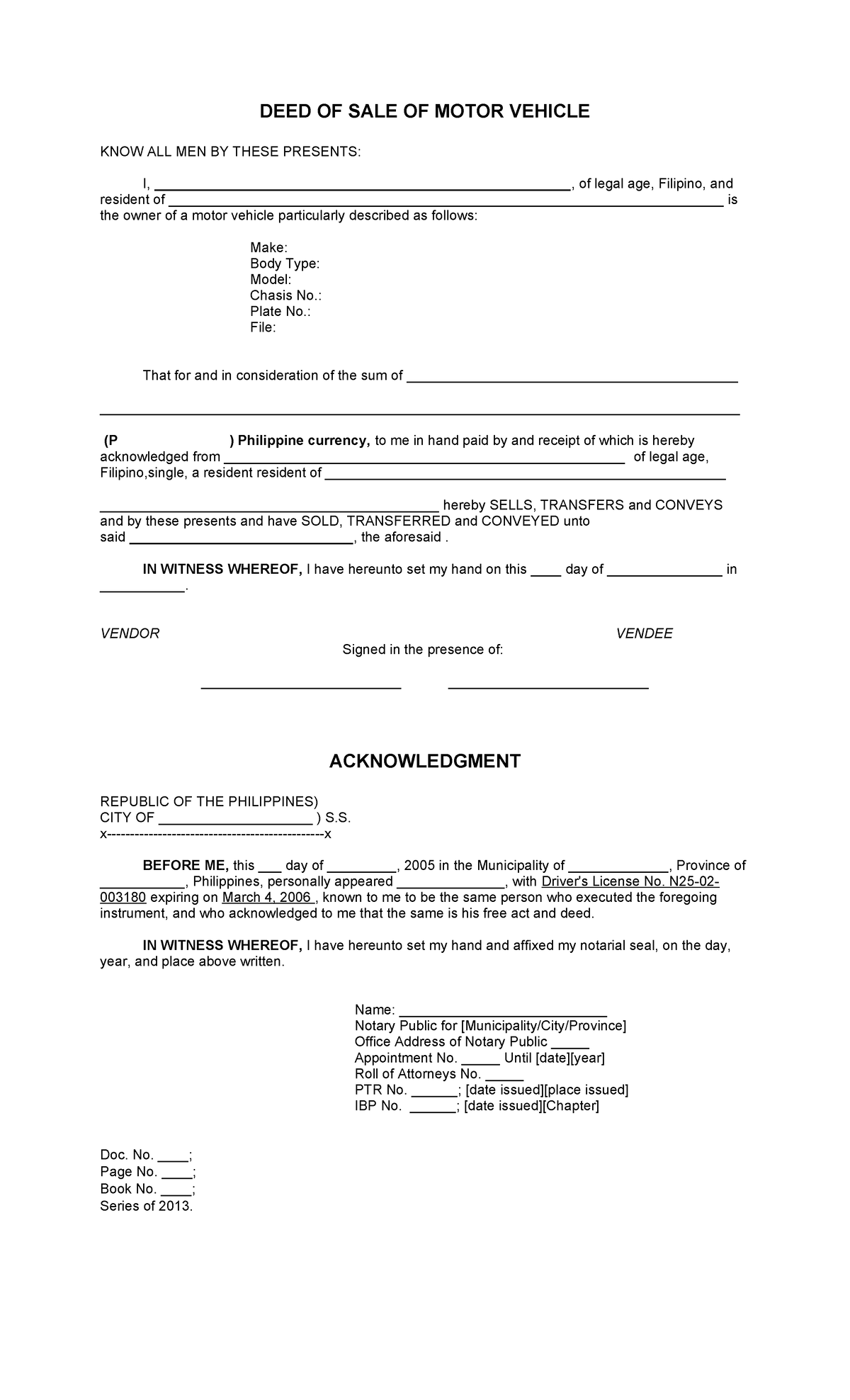 Deed Of Sale Of Motor Vehicle - DEED OF SALE OF MOTOR VEHICLE KNOW ALL ...