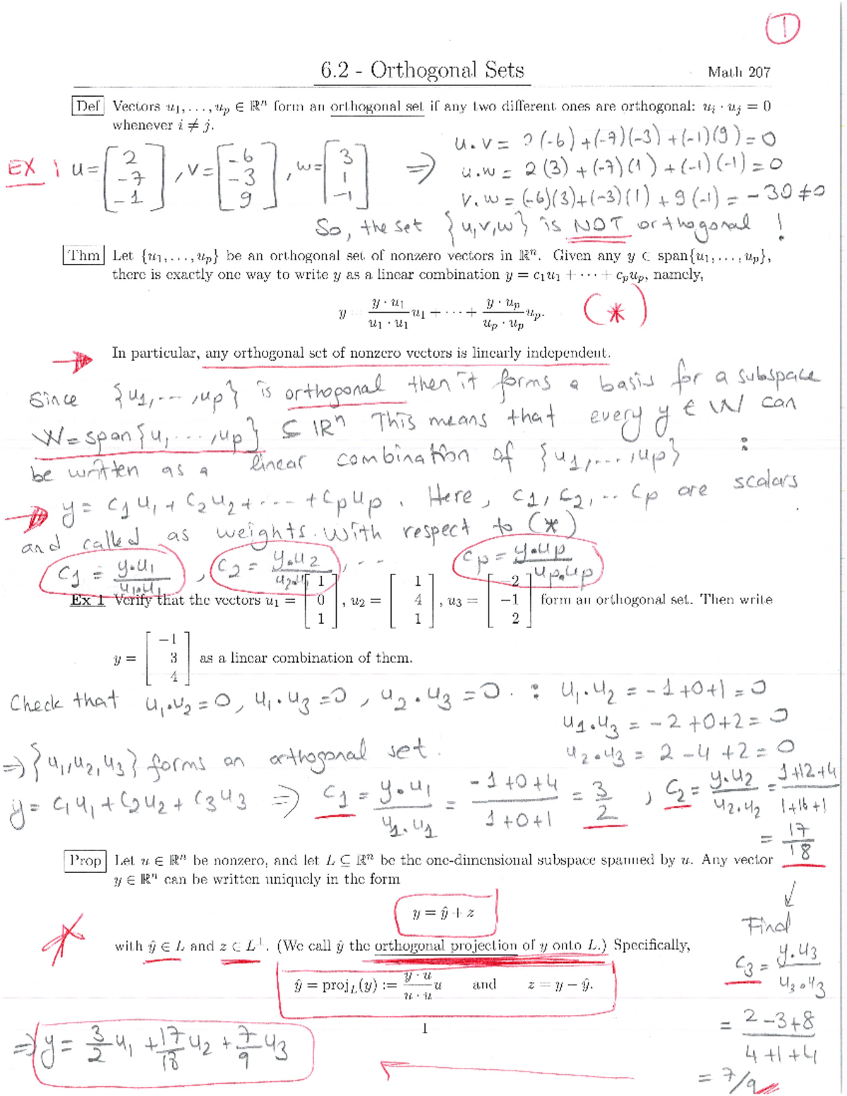 Math207-Fall-Week12 - 6 Orthogonal Sets Math 207 Vectors U1,...,Up form ...