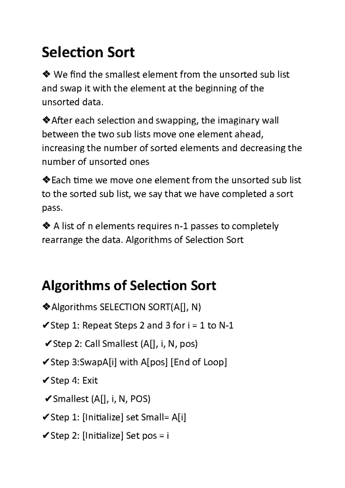 Selection __Sort - Selection Sort We find the smallest element from the unsorted sub list and ...