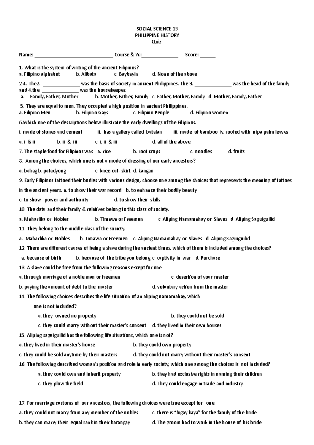 QUIZ 3 - A REVIEW MATERIAL ON THE PRE-SPANISH PERIOD IN THE PHILIPPINES ...