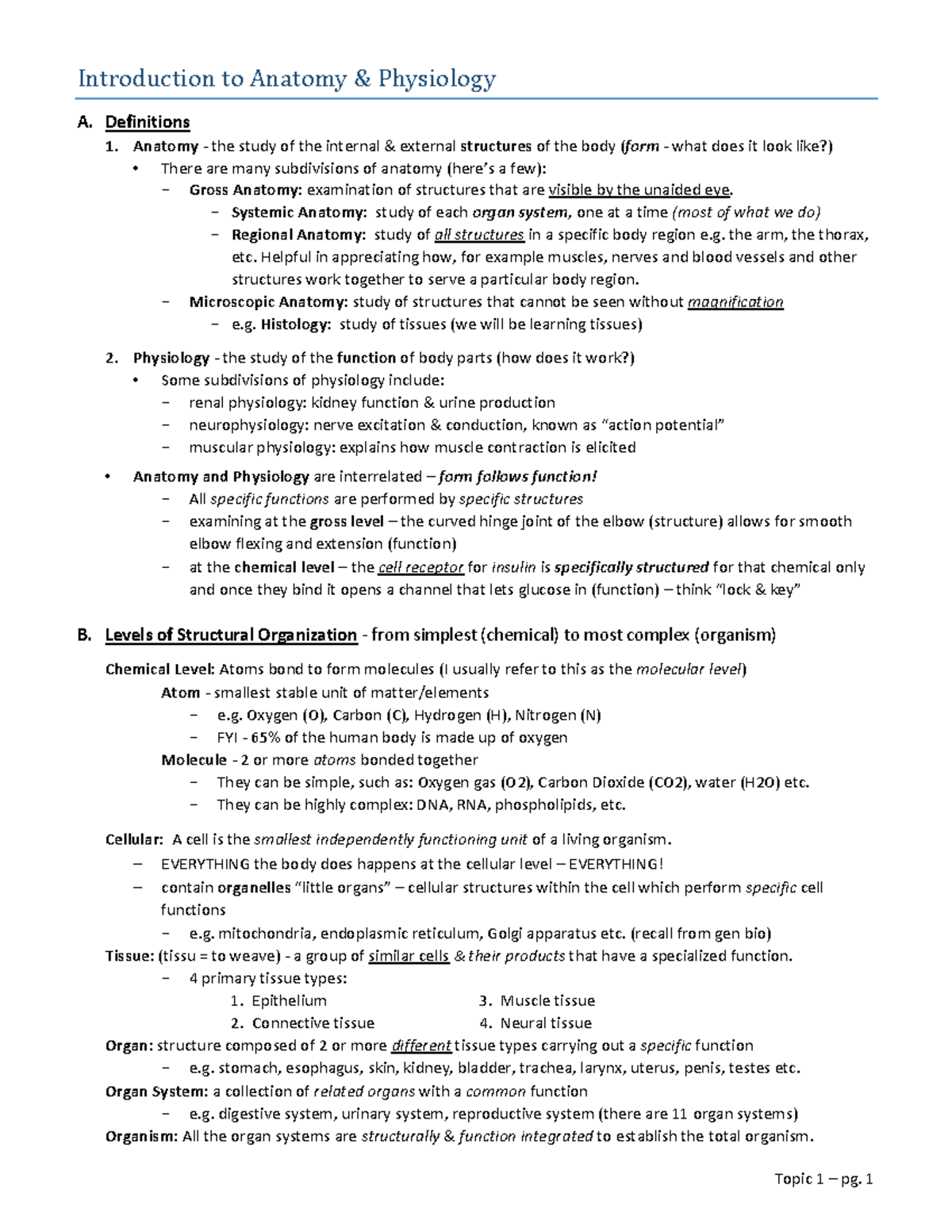 1 Intro AP Outline - bjnh - Introduction to Anatomy & Physiology A ...
