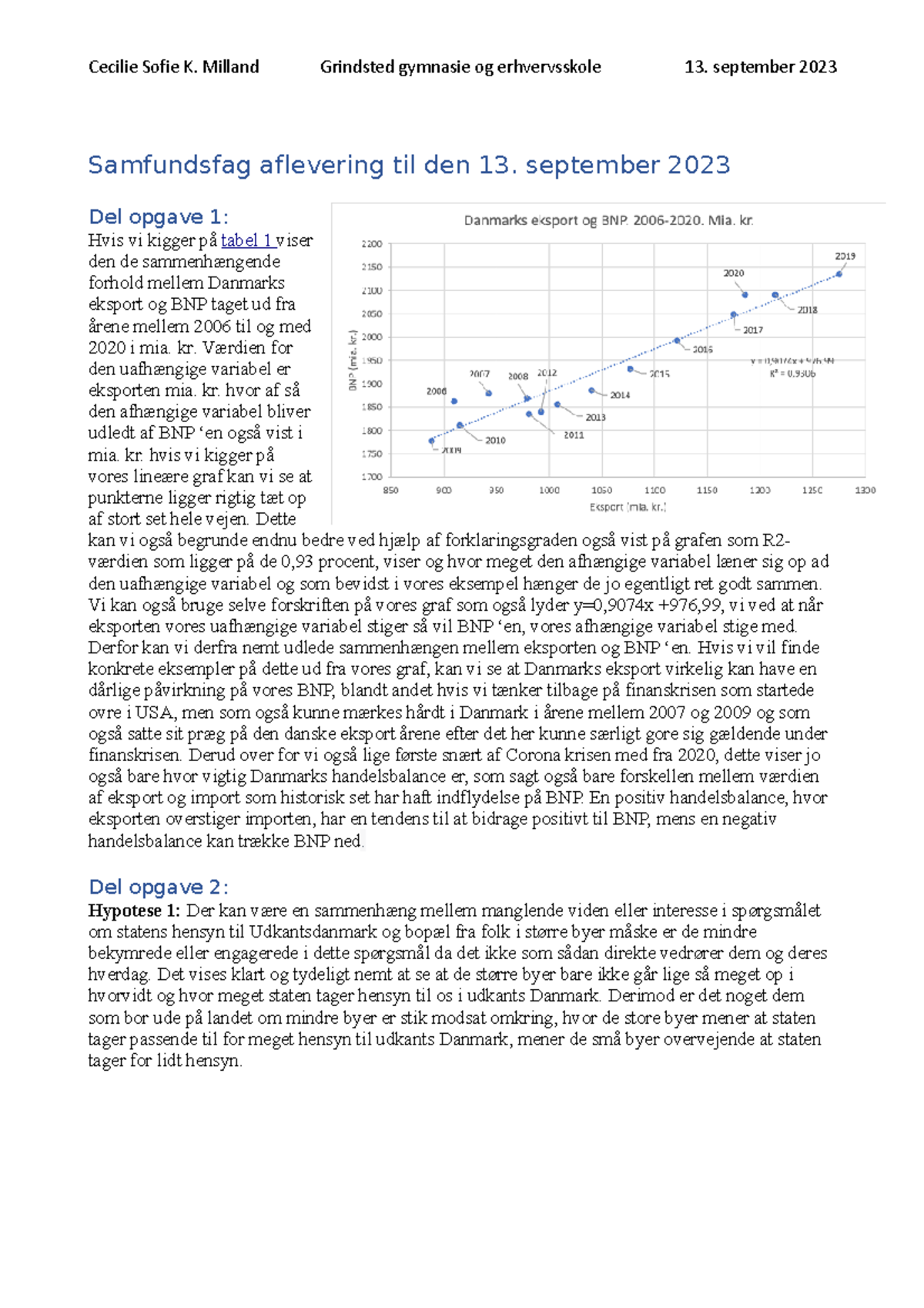 Samfundsfag aflevering om de sammenhængende forhold mellem Danmarks eksport og BNP - Cecilie ...