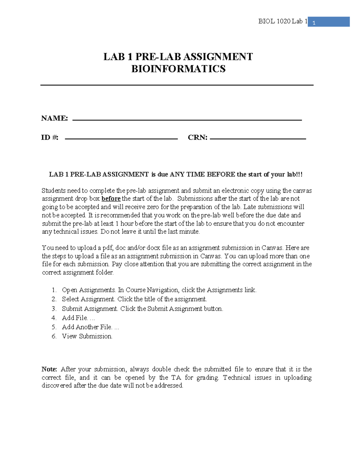 Lab 1 Pre-lab assignment Bioinformatics W2024 - BIOL 1020 Lab 1 LAB 1 ...