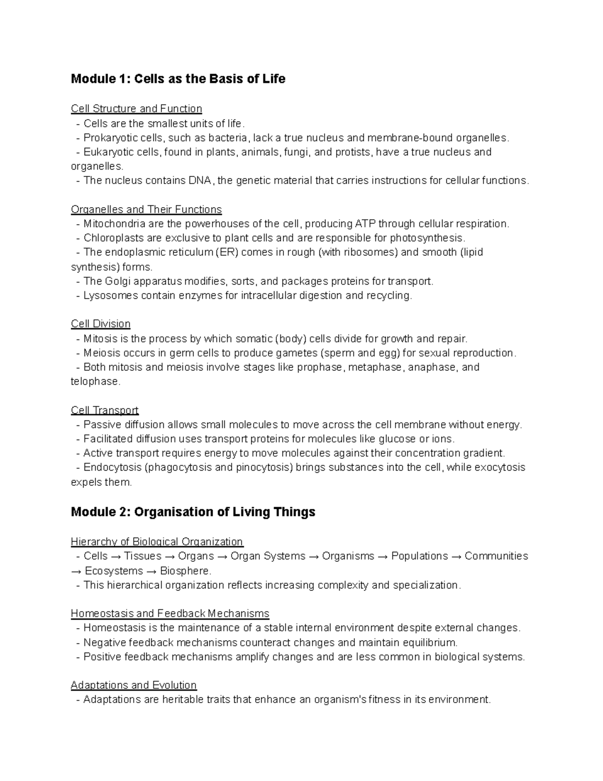 Prelim Bio Basic Notes Modules 1-4 - Module 1: Cells as the Basis of ...