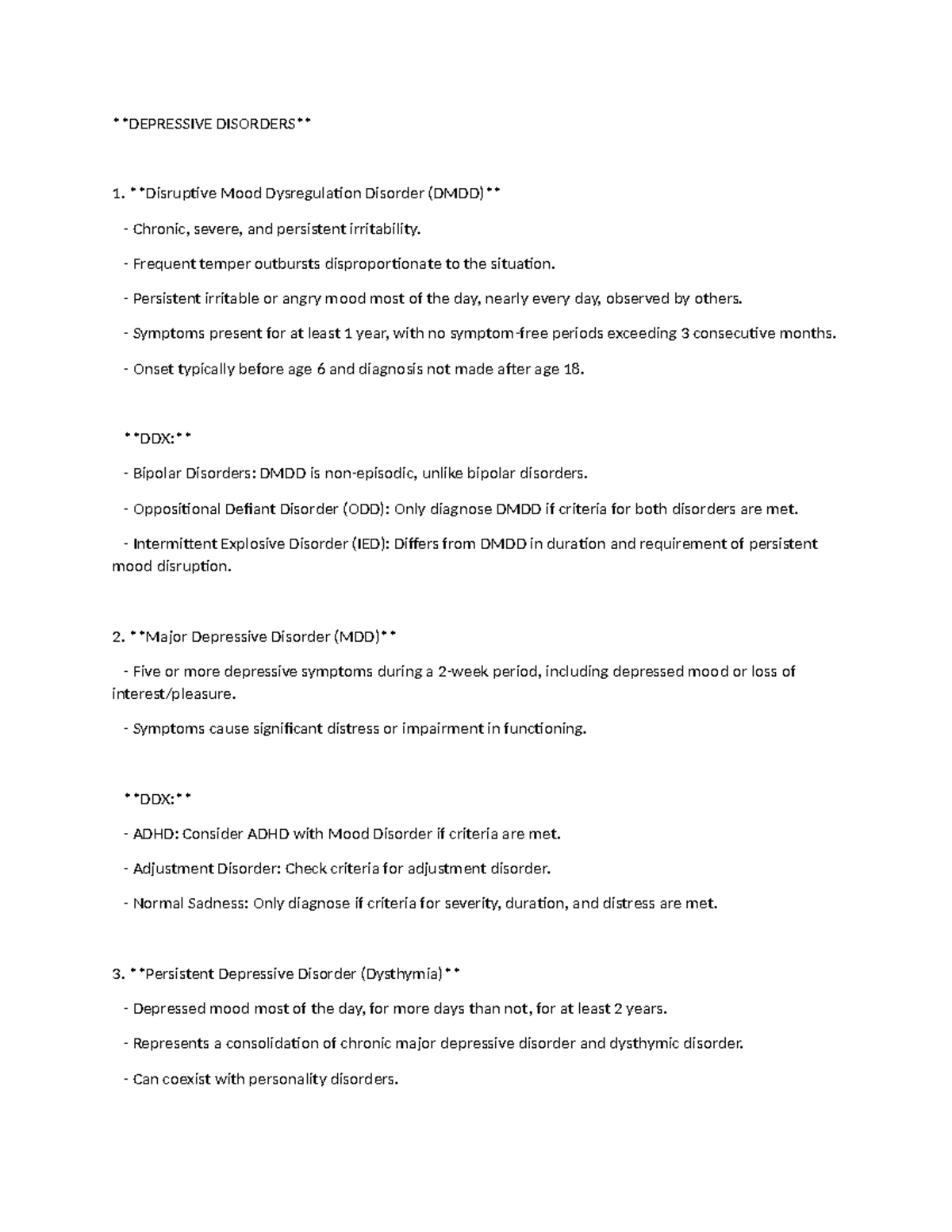 Depressive Disorders - notes - DEPRESSIVE DISORDERS Disruptive Mood ...