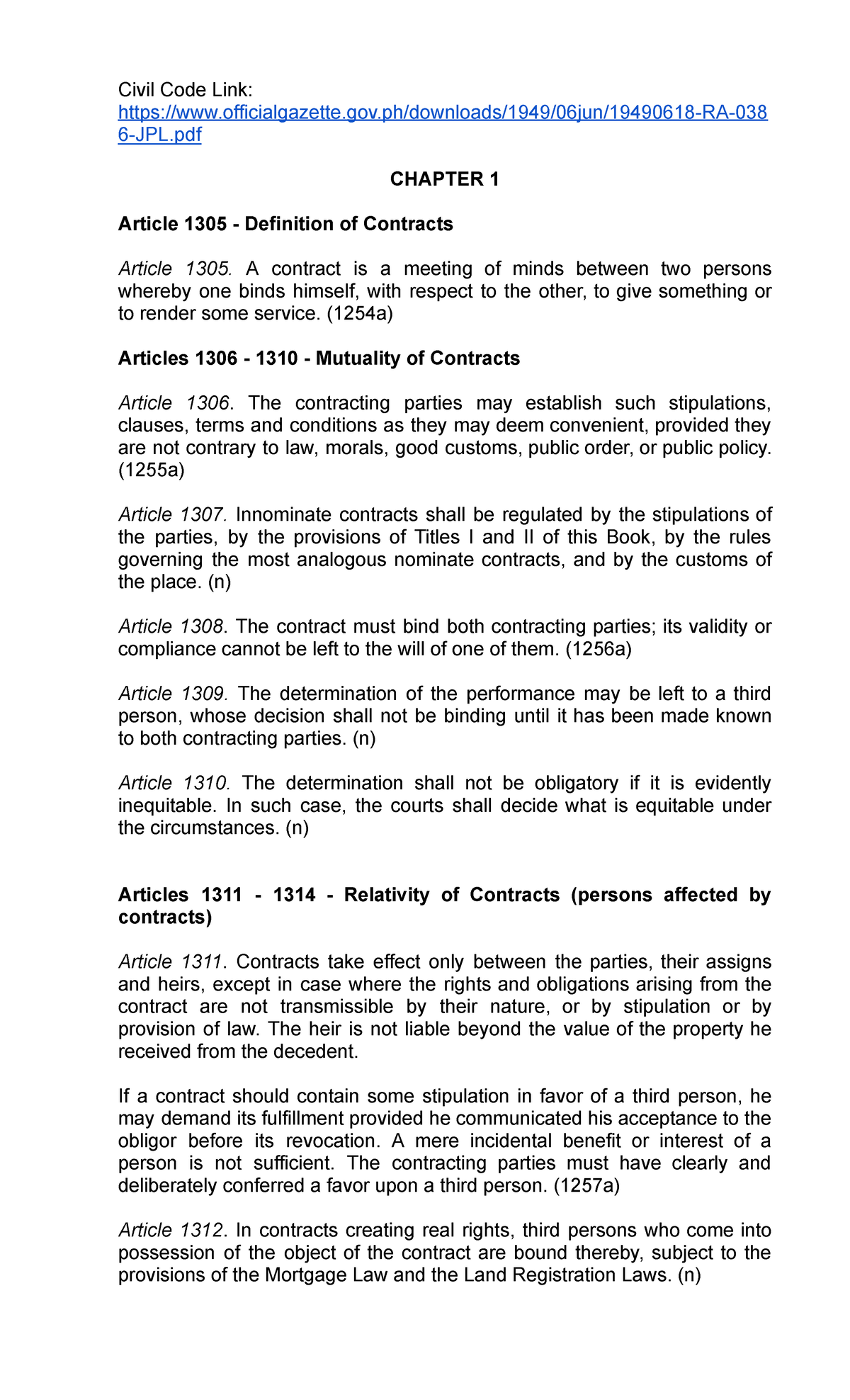 Contracts ( Outline) - N/A - Civil Code Link: officialgazette.gov ...