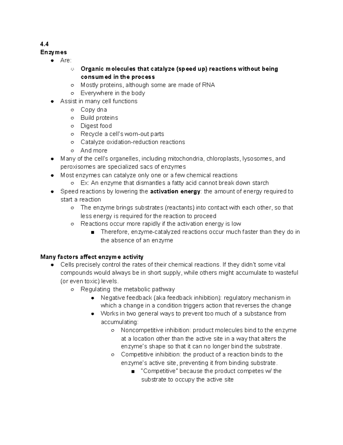 Biology 101 Chapter 4 Notes - 4. Enzymes Are: Organic molecules that ...