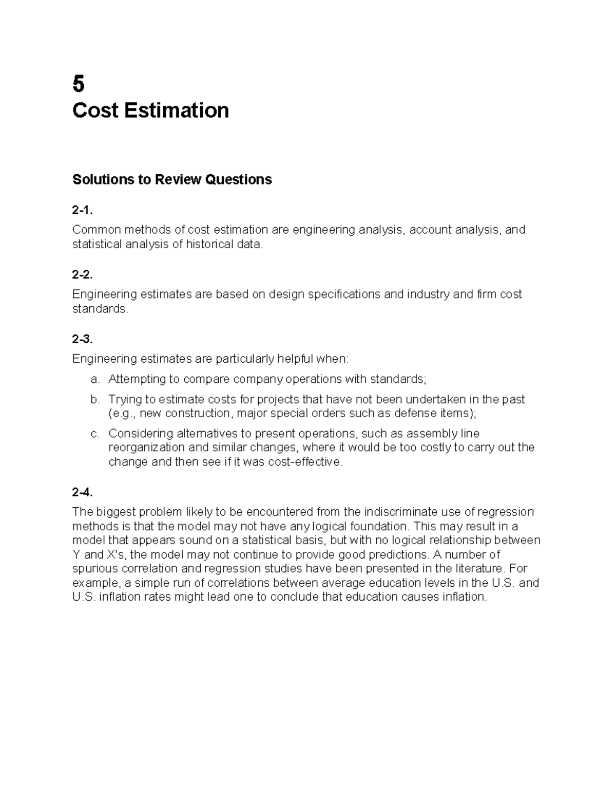 Chapter 5 Sols - Cót accounting - 5 Cost Estimation Solutions to Review ...