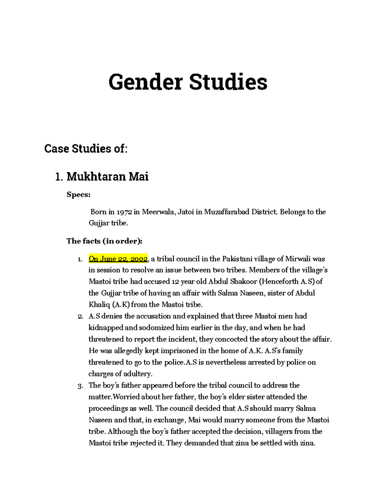 Gender Studies Case Studies of 1 - Gender Studies Case Studies of: 1 ...