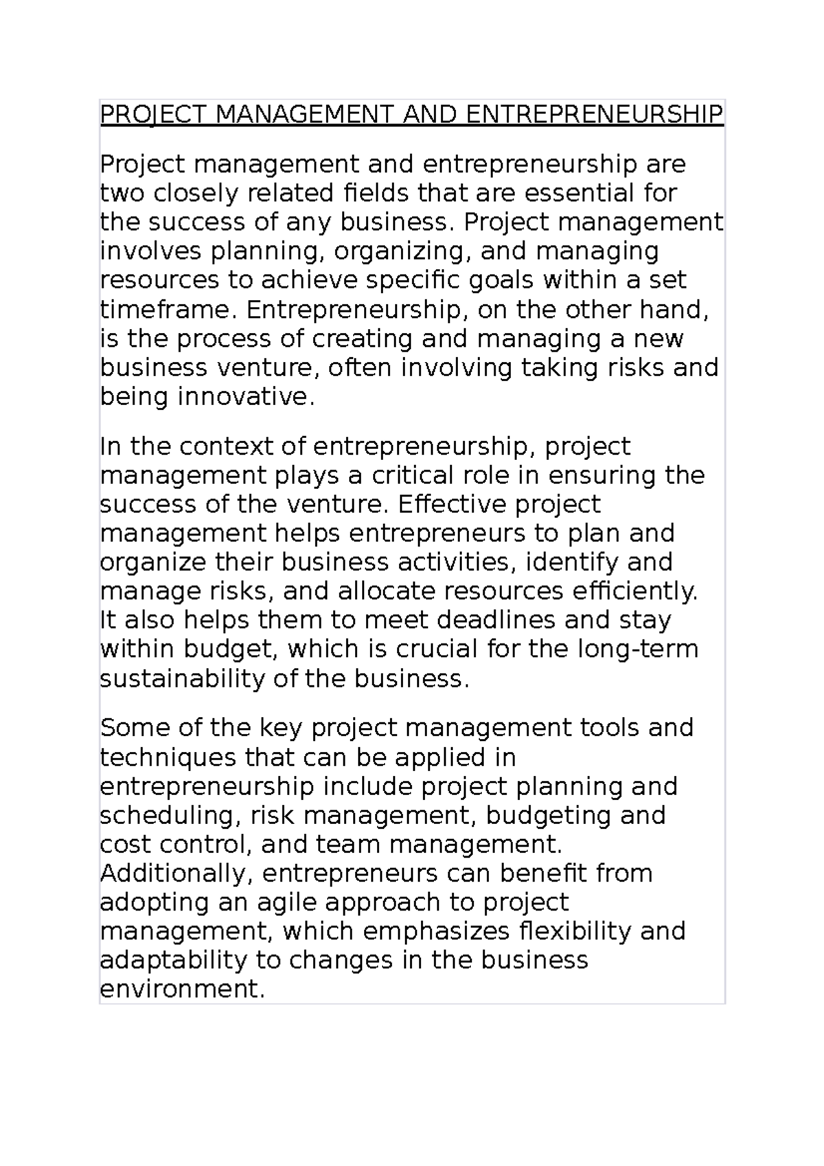 Project management and entrepreneurship - PROJECT MANAGEMENT AND ...