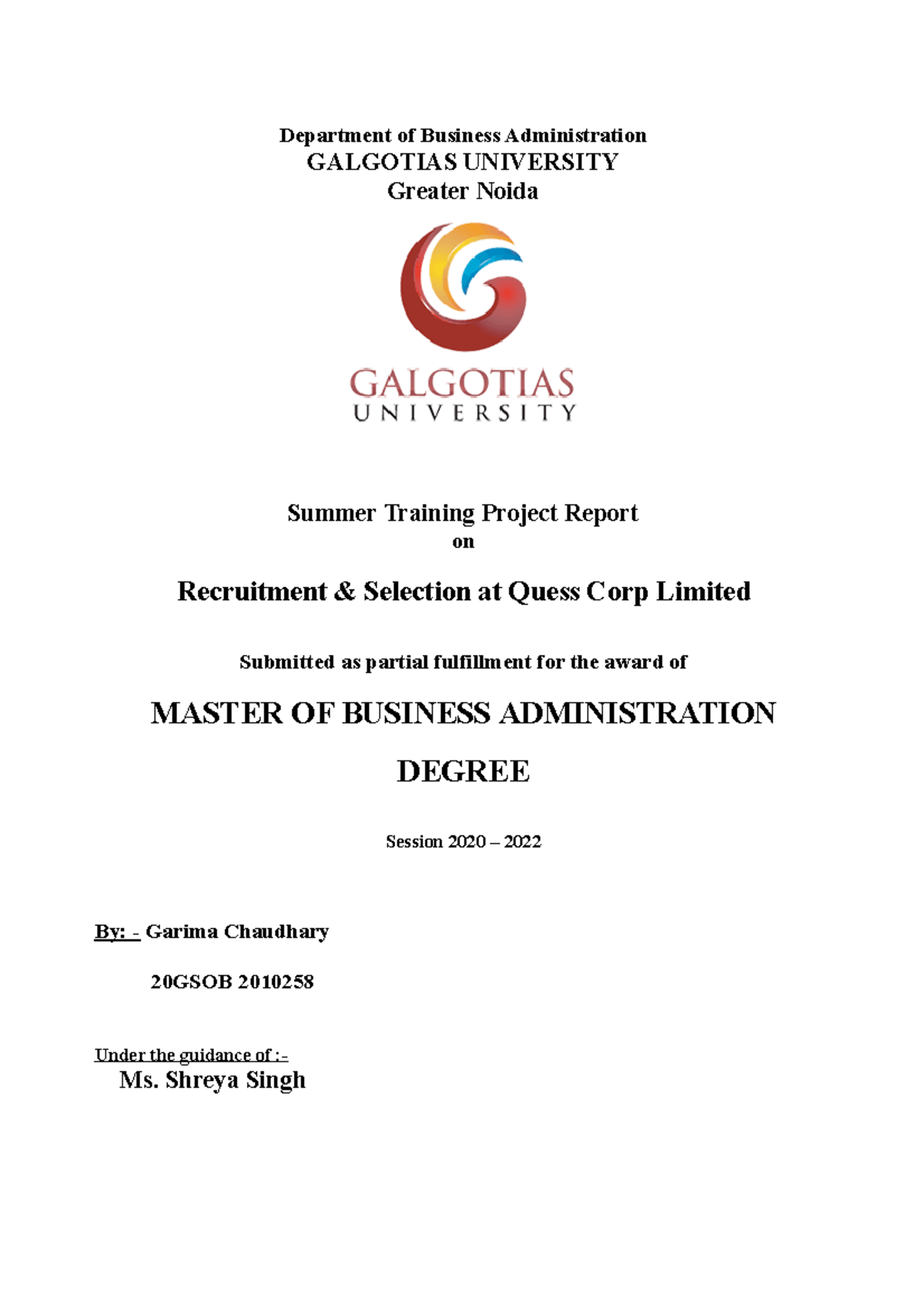 Garima SIP Report - ####### Department of Business Administration ...