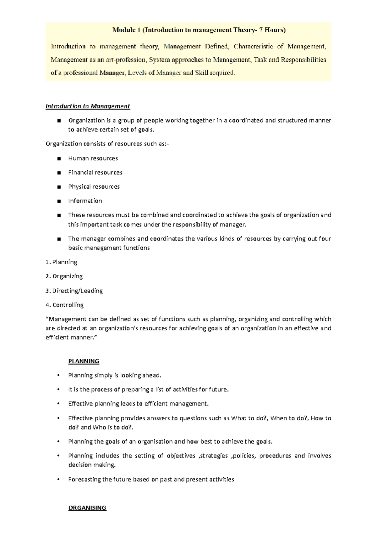 Module 1 note - Introduction to Management Organization is a group of people working together in ...