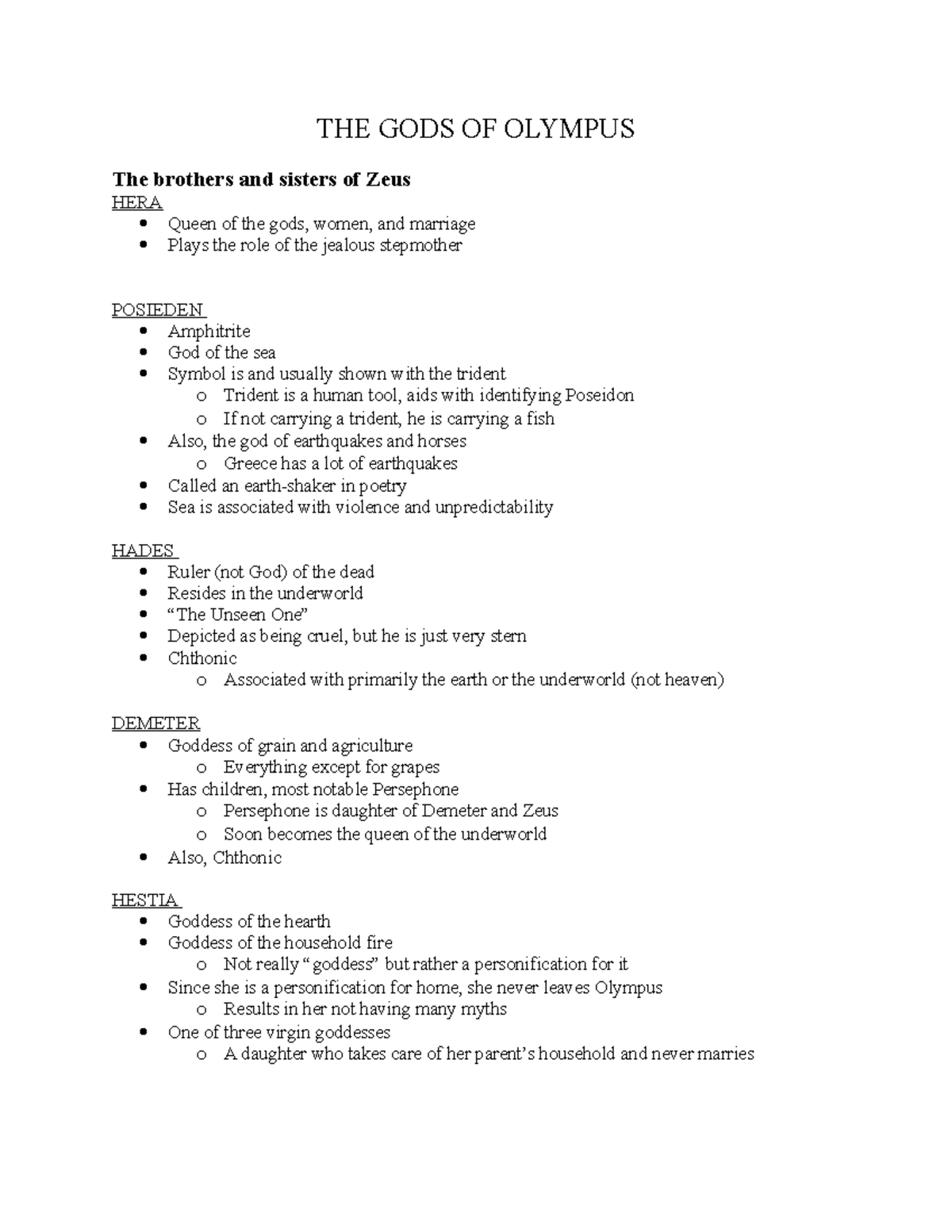 Mythology class notes - THE GODS OF OLYMPUS The brothers and sisters of ...