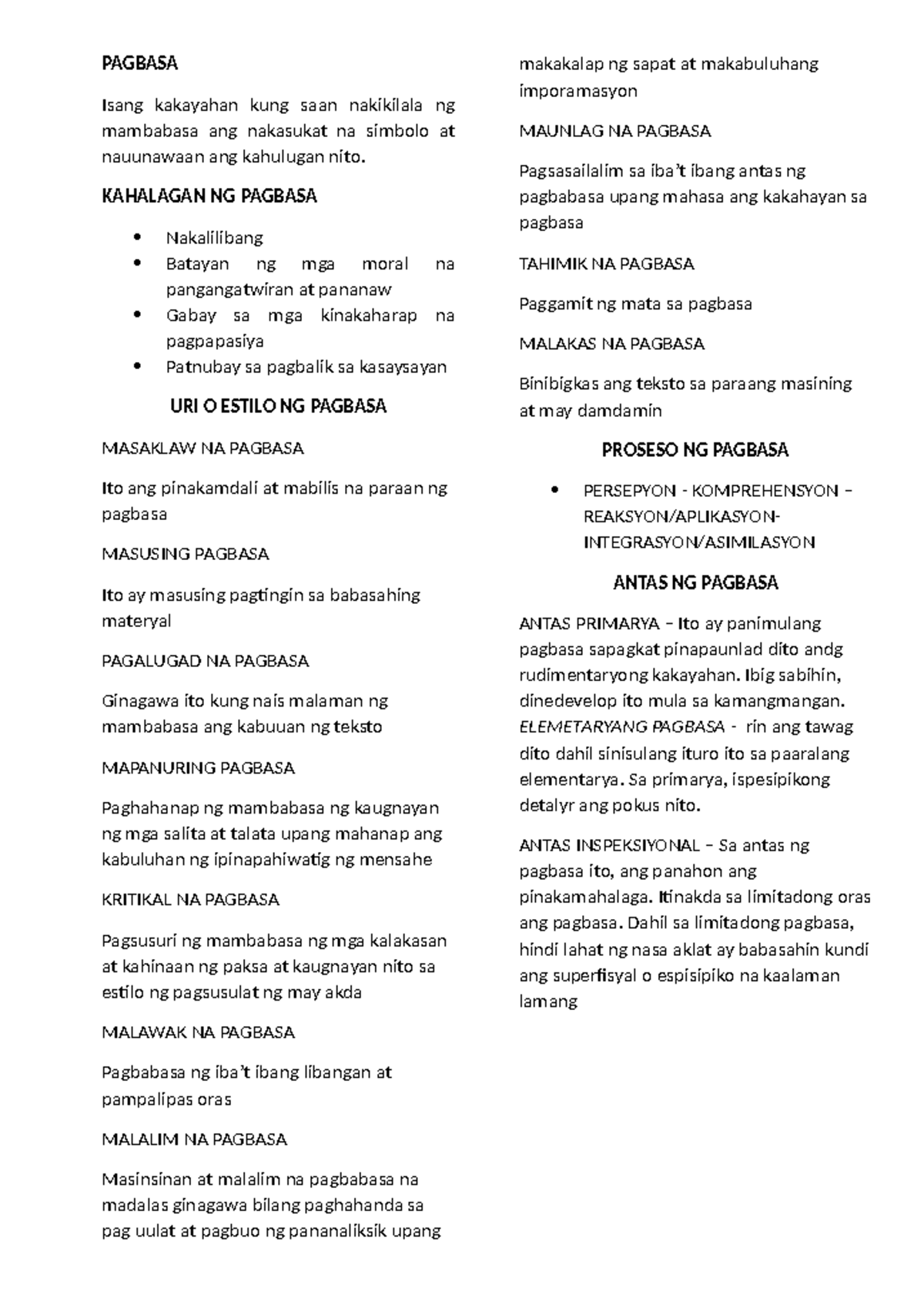 Pagbasa- Reviewer - wwwwww - PAGBASA Isang kakayahan kung saan ...