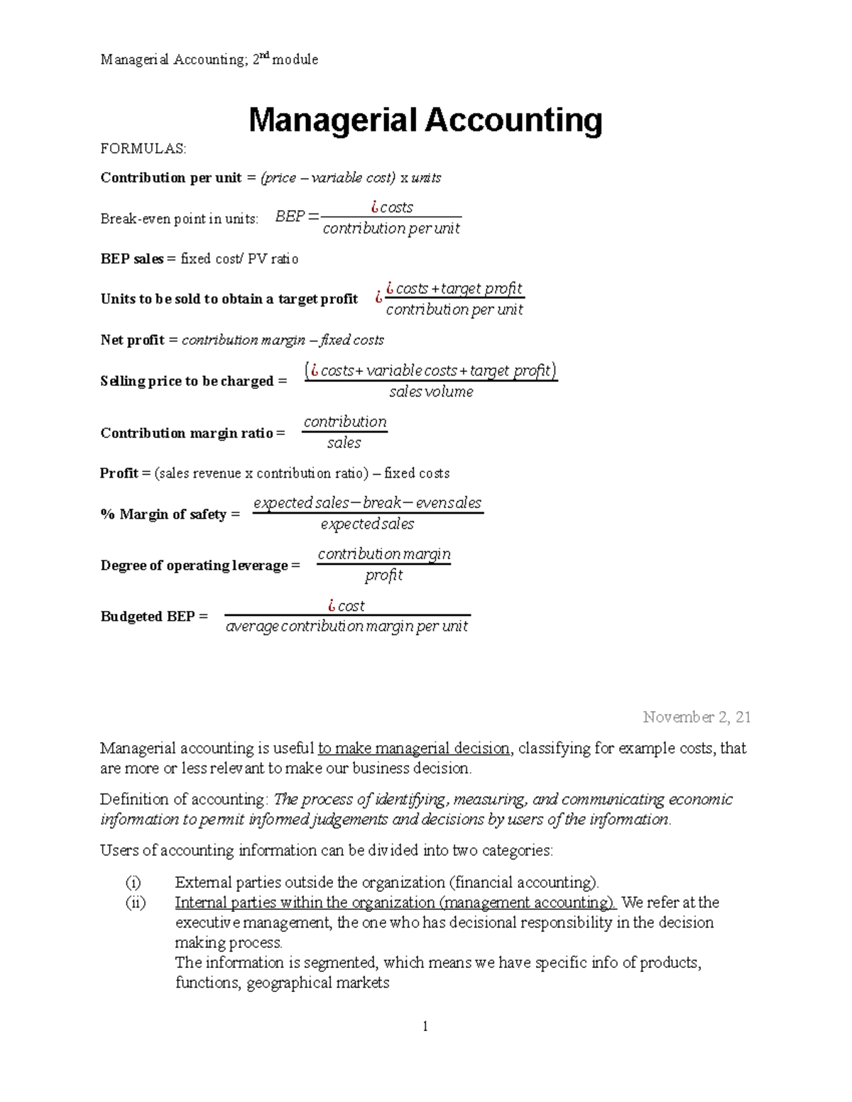 Managerial Accounting appunti lezione - Managerial Accounting FORMULAS ...