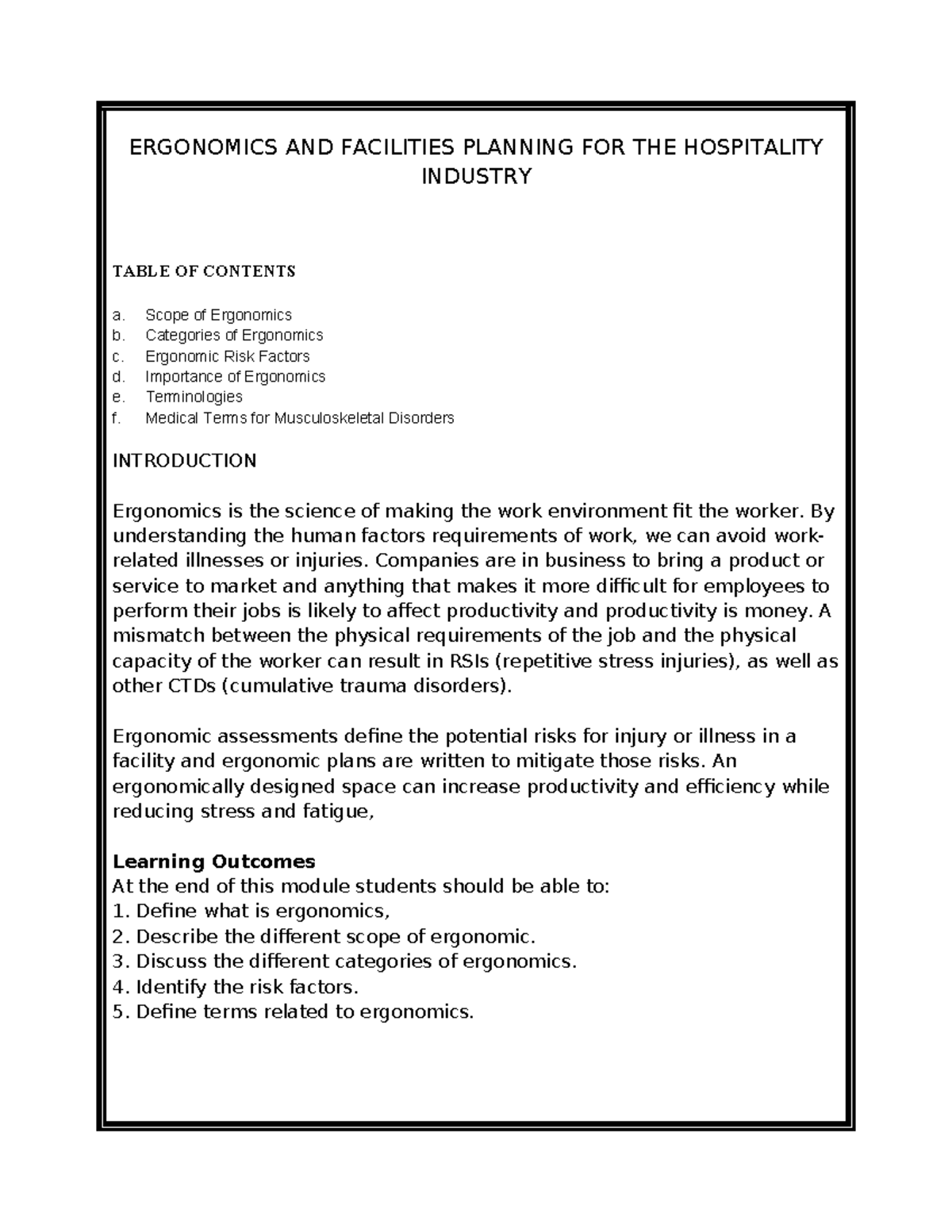 Ergonomics Module 1 - ERGONOMICS AND FACILITIES PLANNING FOR THE ...