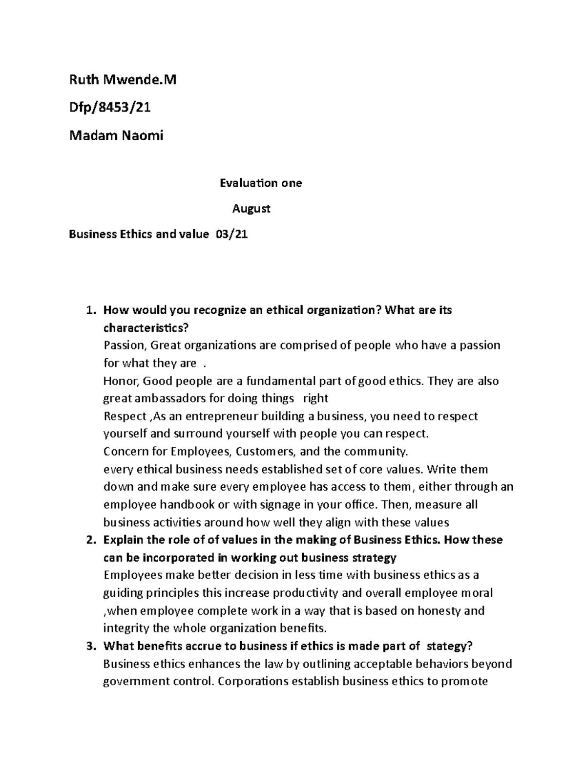 Business ethics - Ruth Mwende Dfp/8453/ Madam Naomi Evaluation one ...