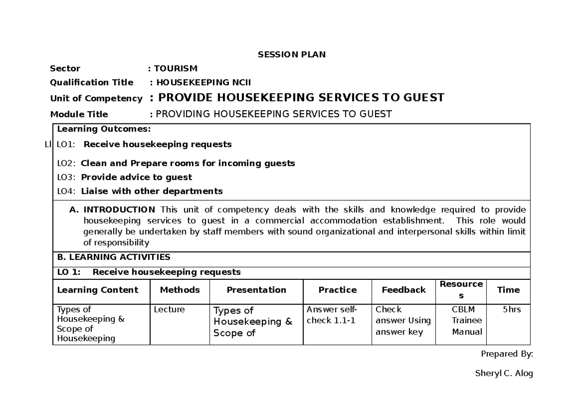 UC 1 OK provide housekeeping to guest Session PLAN - SESSION PLAN Sector : TOURISM Qualification ...