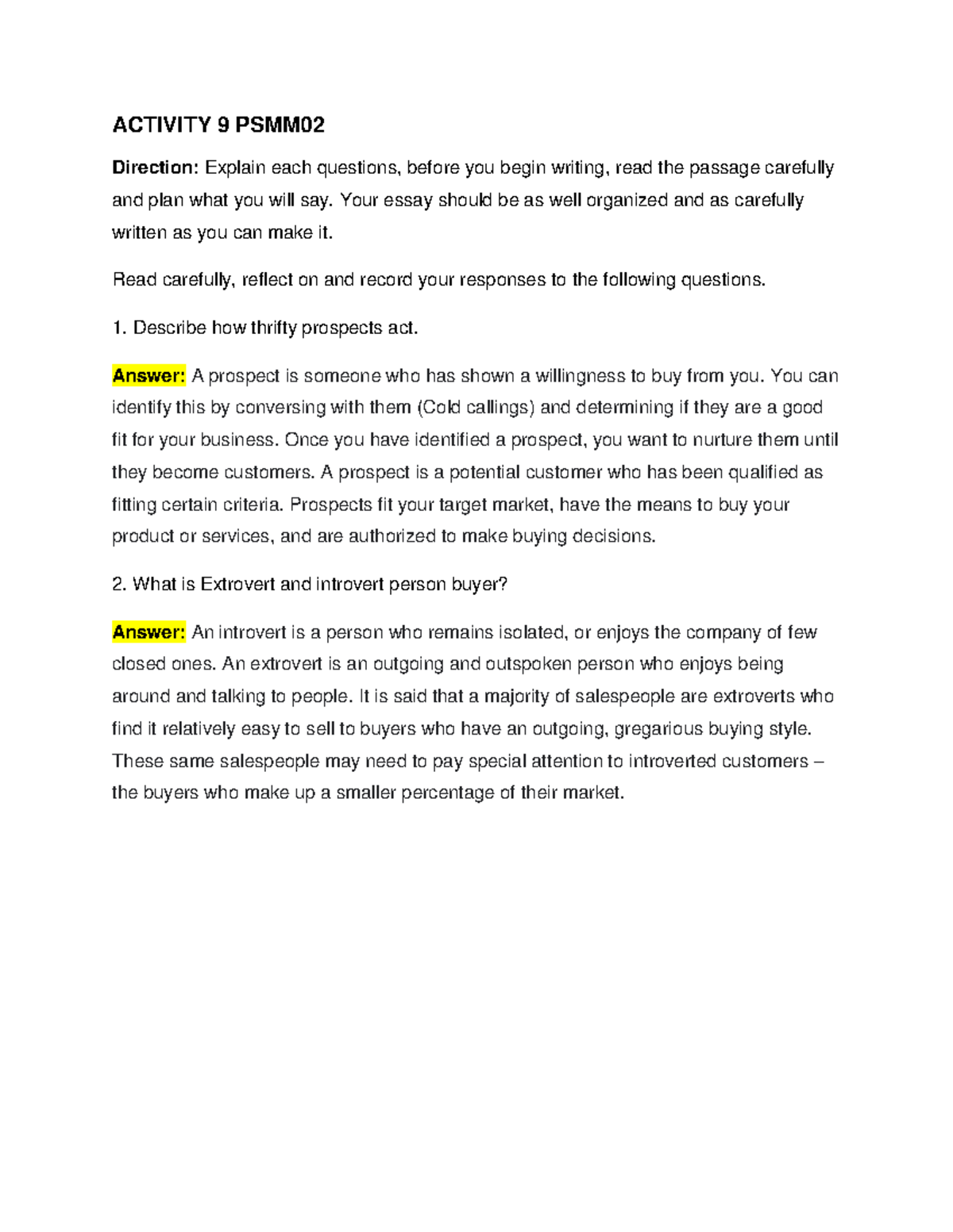 Activity 9 PSMM02 - About Prospects act and Extrovert and introvert ...