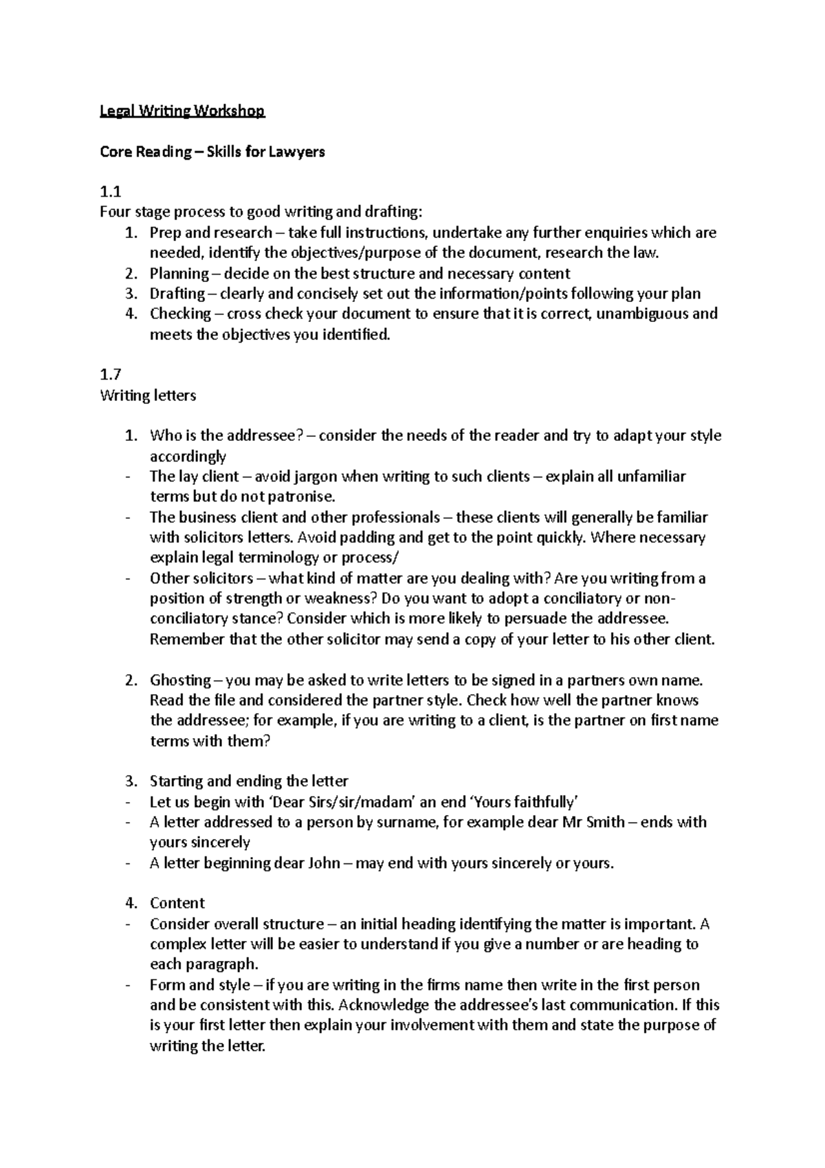 Legal Writing Workshop - Legal Writing Workshop Core Reading – Skills ...