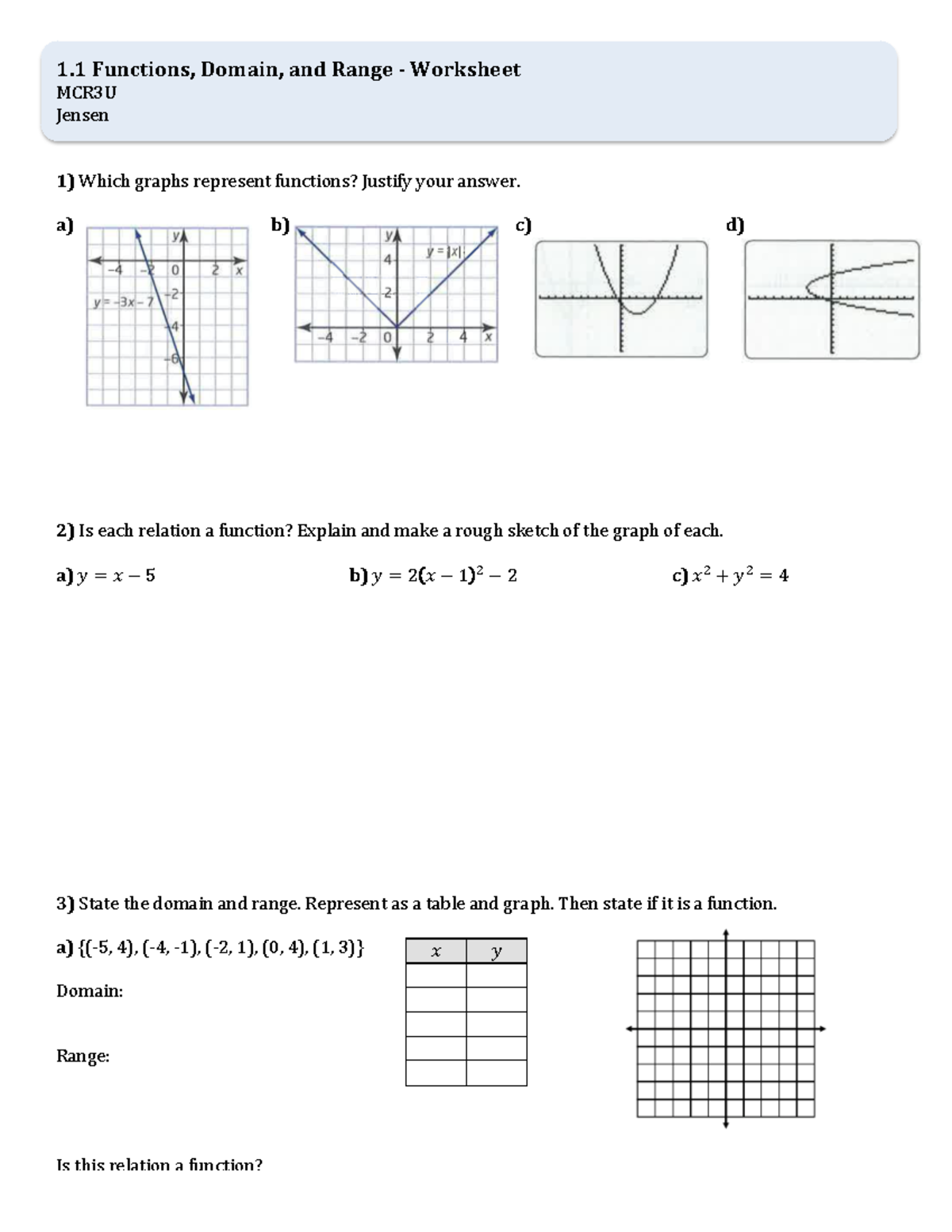 functions and relations - 1 Functions, Domain, and Range -­‐ Worksheet ...