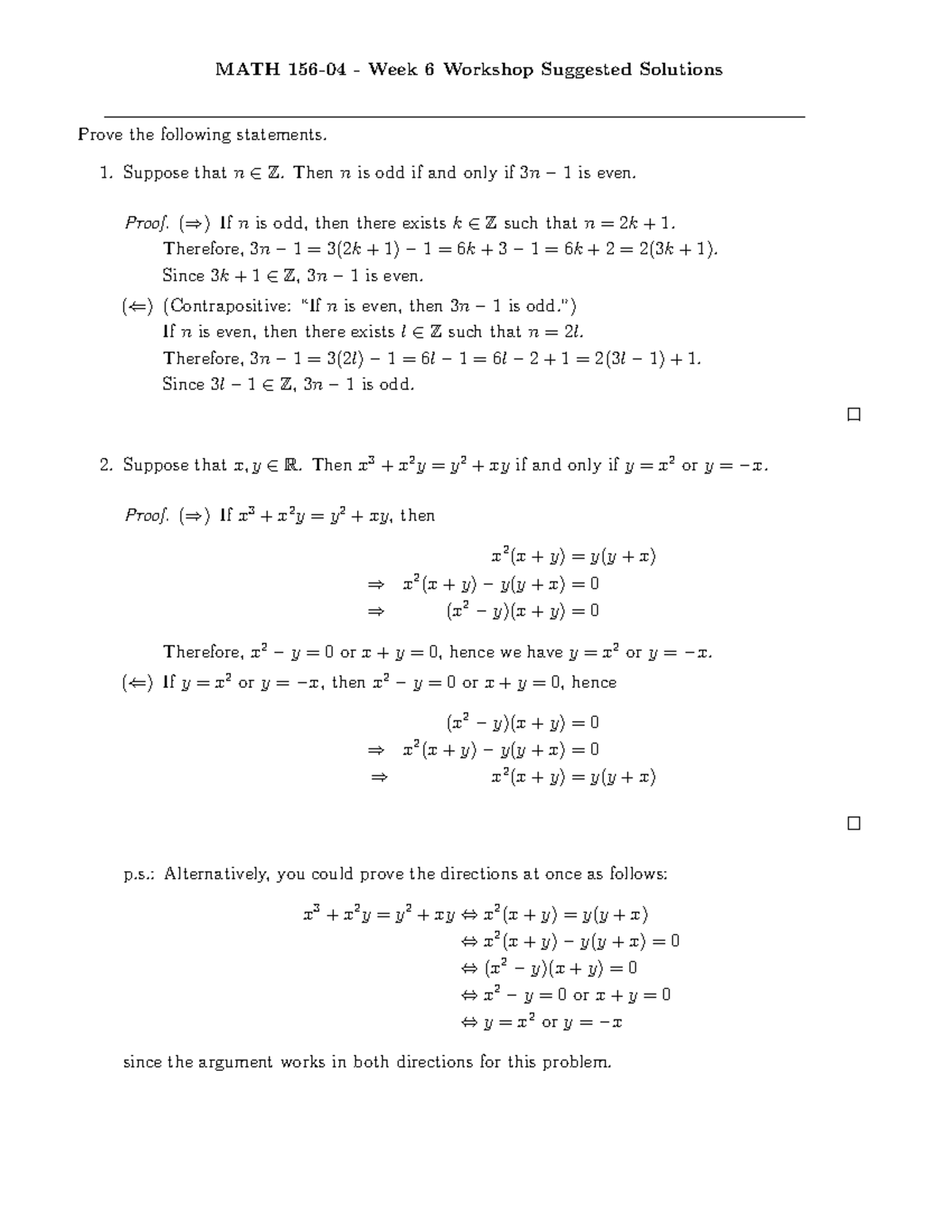 Workshop 6 - MATH 156-04 - Week 6 Workshop Suggested Solutions Prove ...