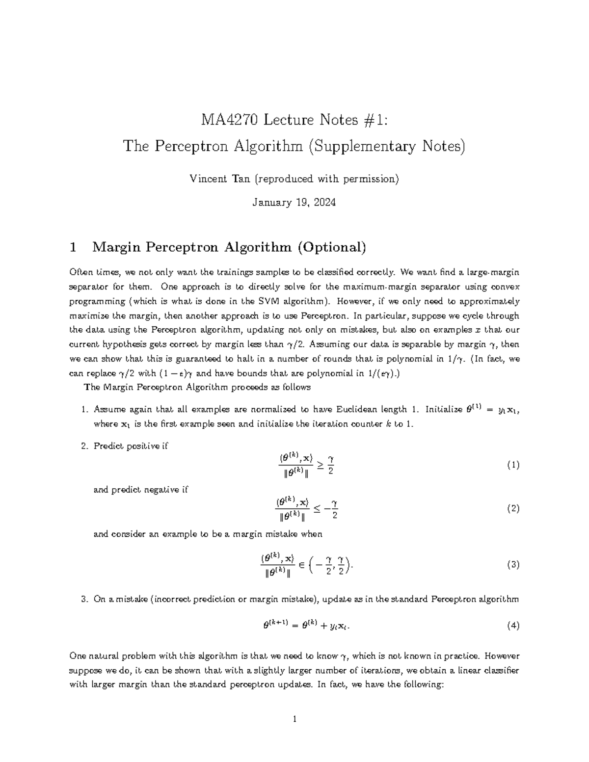 01-Perceptron Notes - Supplementary - MA4270 Lecture Notes #1: The ...