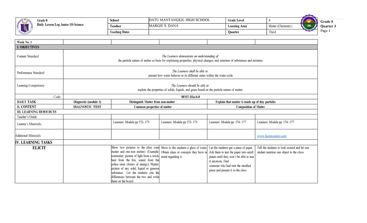 Q3 - science - Grade 8 Daily Lesson Log Junior HS Science School DATU ...