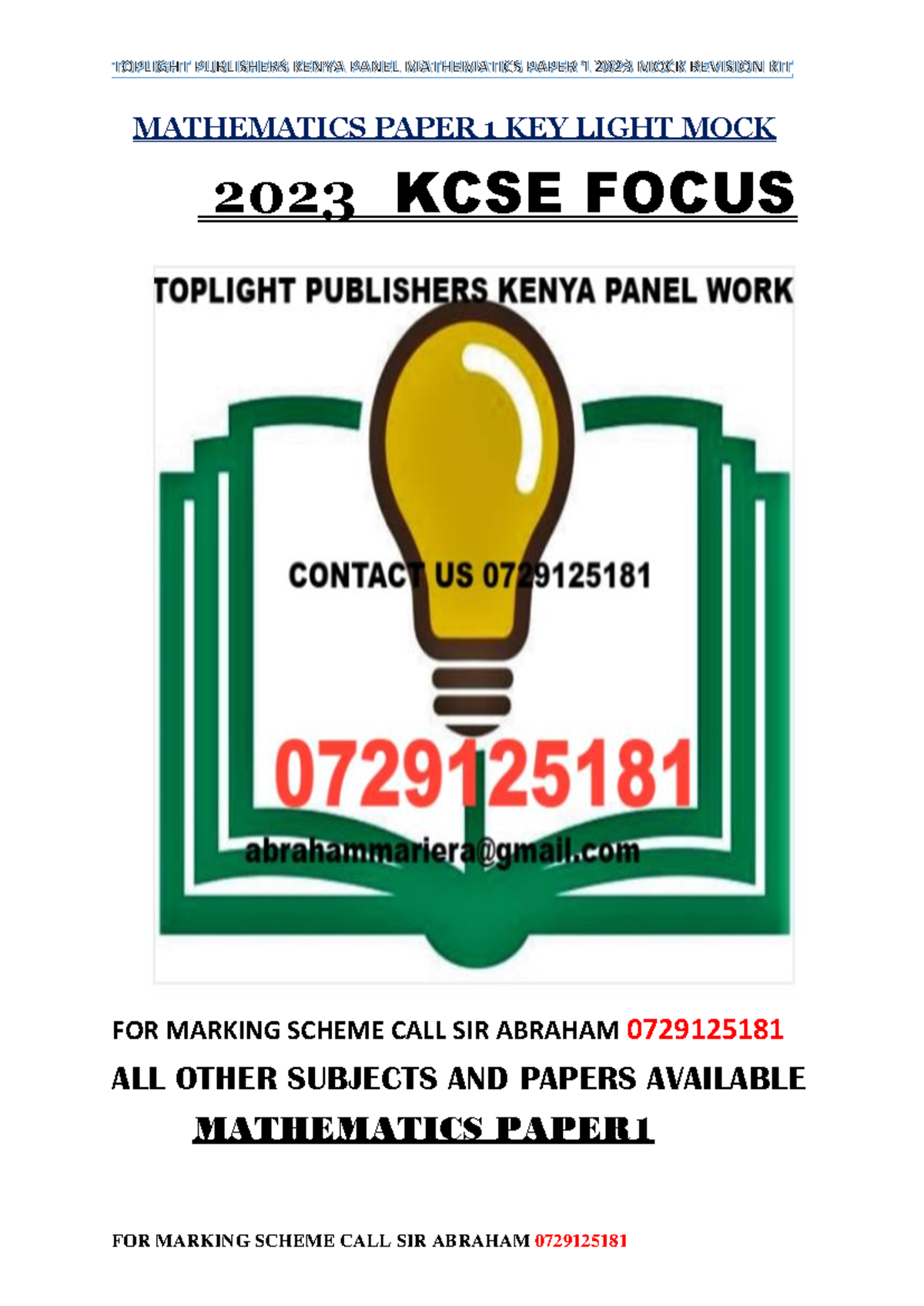 Mathematics Paper 1.KEY Light MOCK docx - MATHEMATICS PAPER 1 KEY LIGHT MOCK 2023 KCSE FOCUS FOR ...