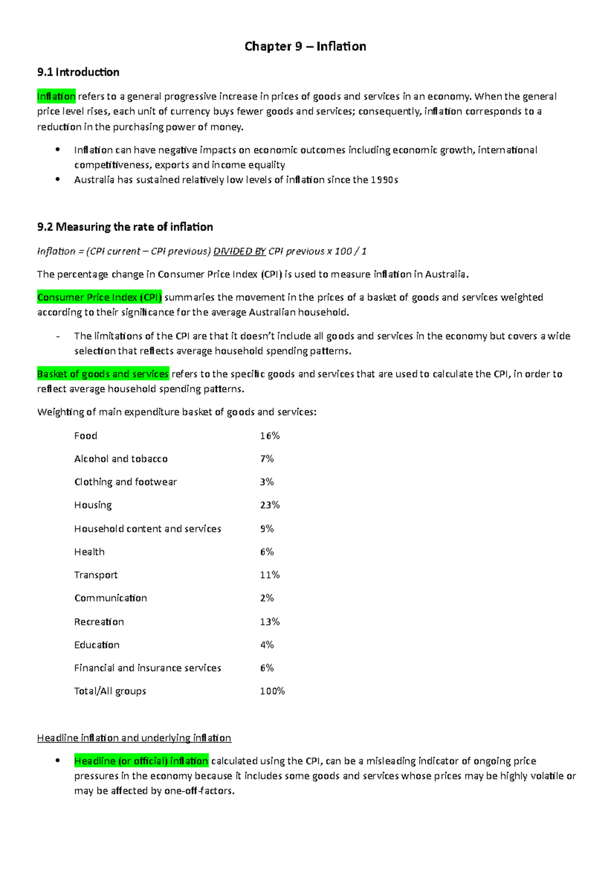 Chapter 9 - Inflation - notes - Chapter 9 – Inflation 9 Introduction ...