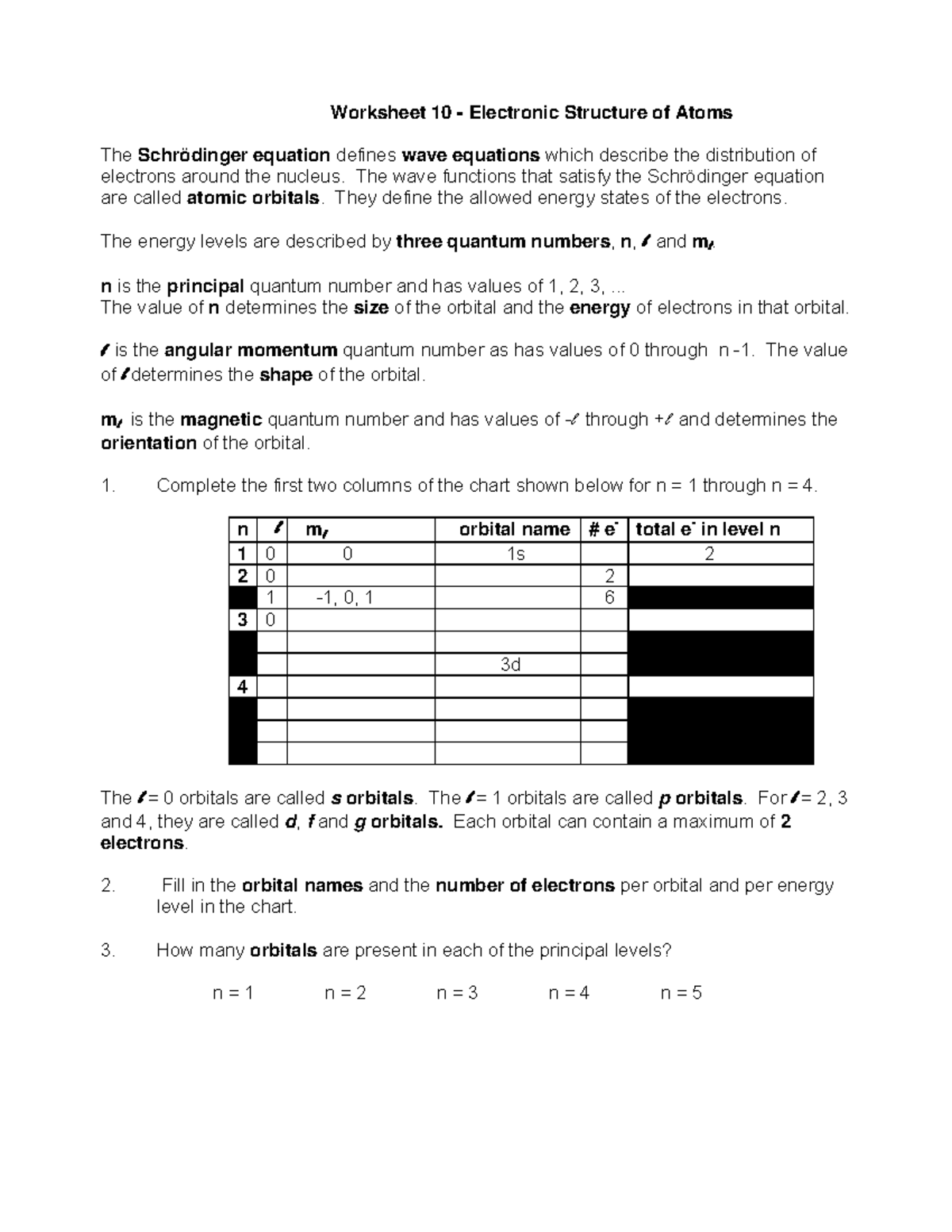 Worksheet 10 orbitals - Worksheet 10 - Electronic Structure of Atoms ...